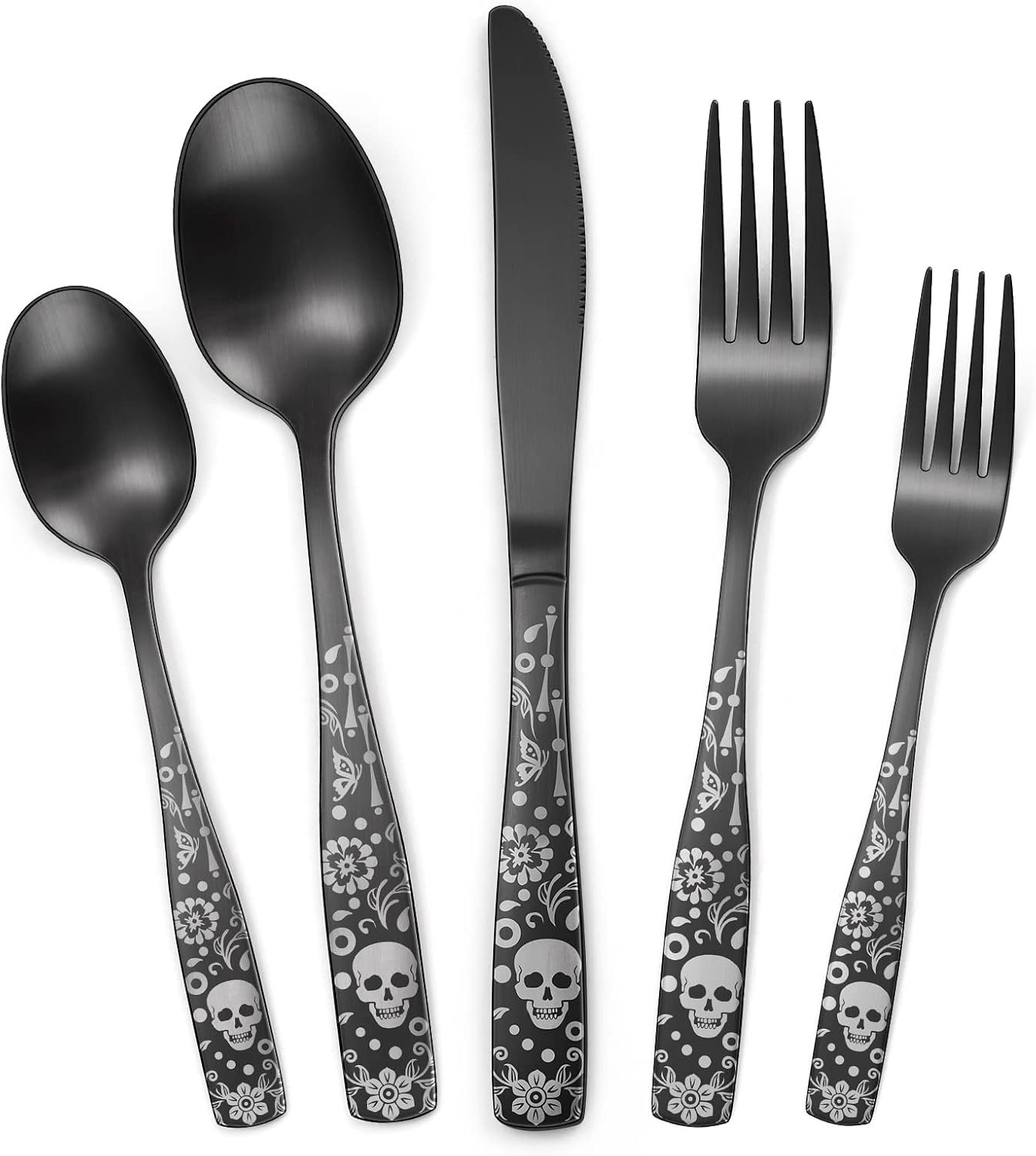 Dakota Fields Gothic Black Flatware Set For 8, 40-Piece Skeleton Flower ...