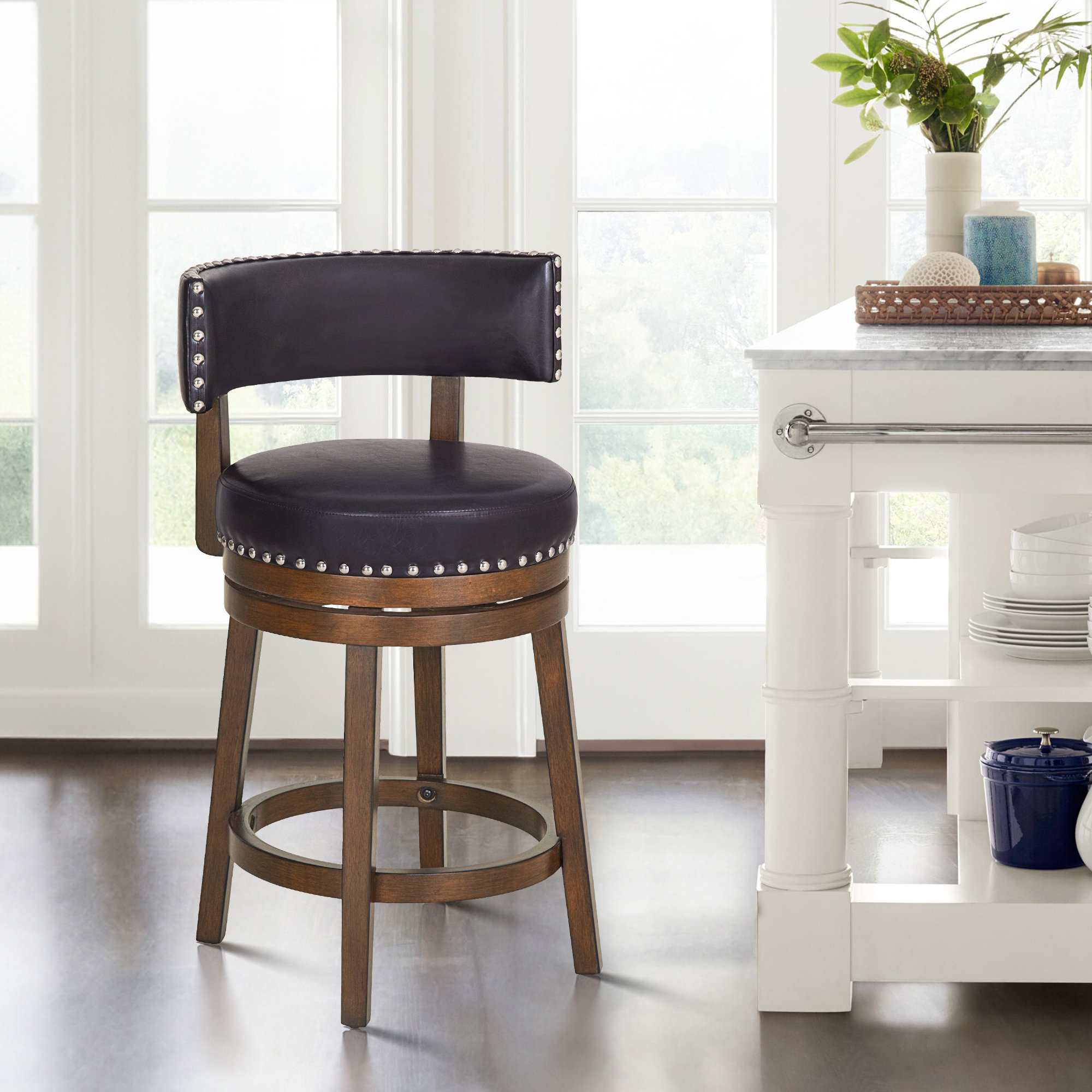 Winston Porter Swivel Upholstered Counter Bar Stool with Solid Wood ...