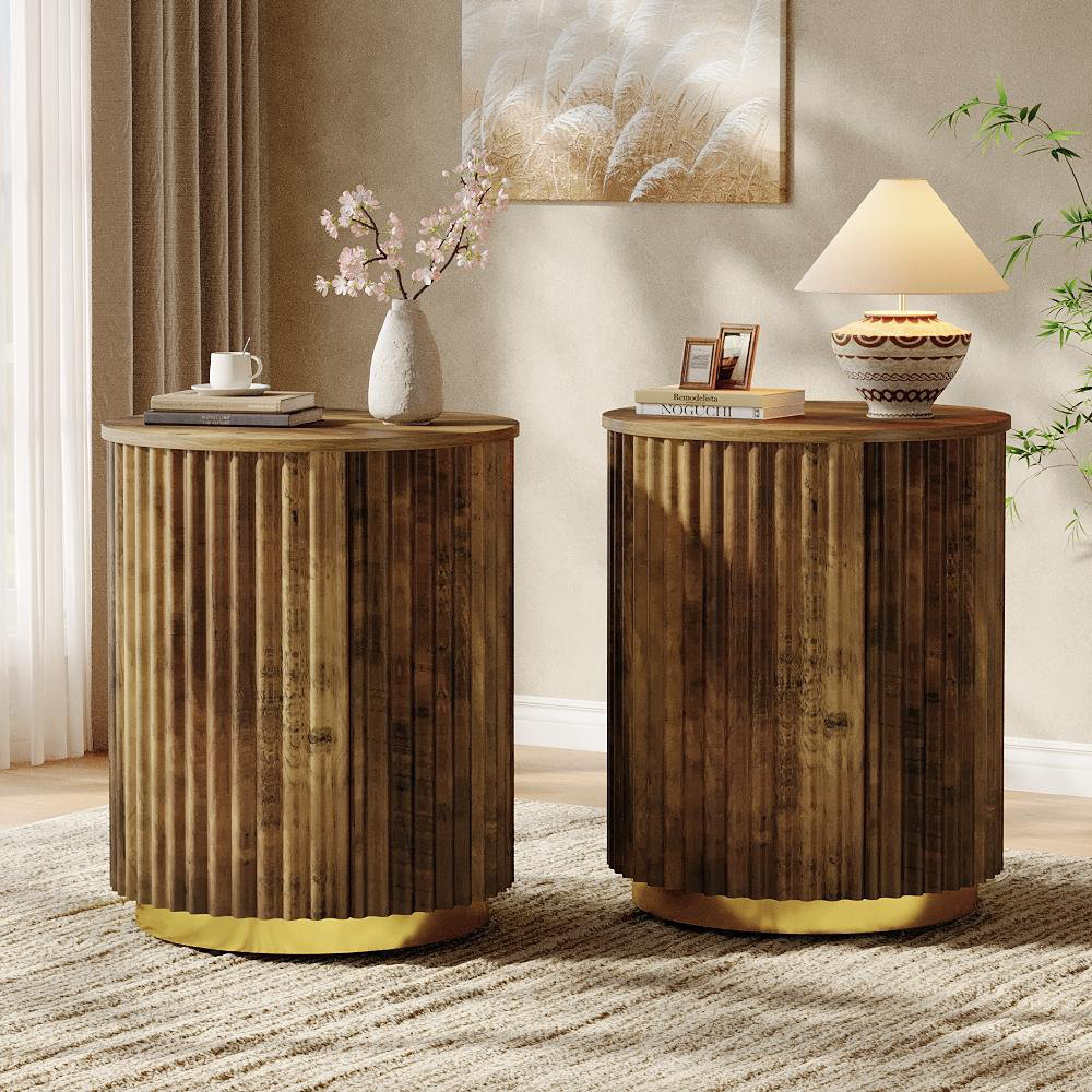Mercer41 Rustic Fluted Round End Table With Gold Base | Wayfair