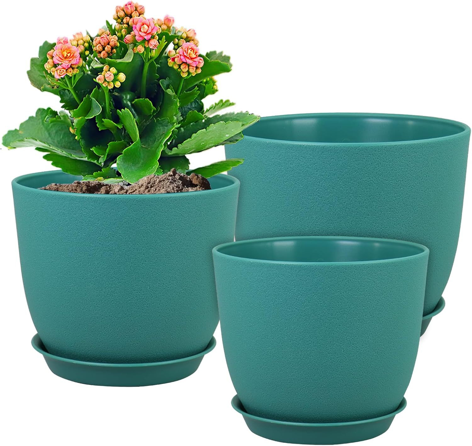 Latitude Run® Set Of 3 Blue-green Plastic Planters With Saucers | Wayfair