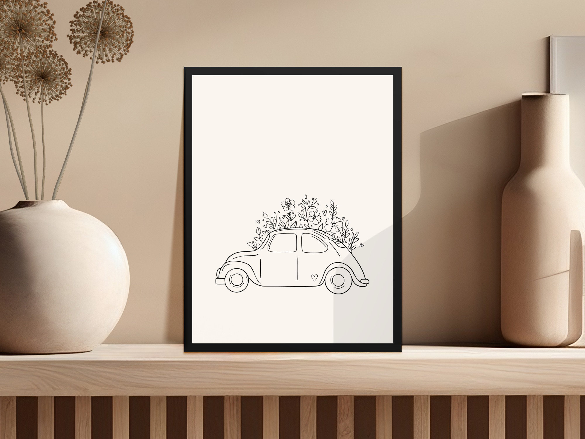 Brayden Studio Car with Flowers Art Minimalist Line Drawing Design ...