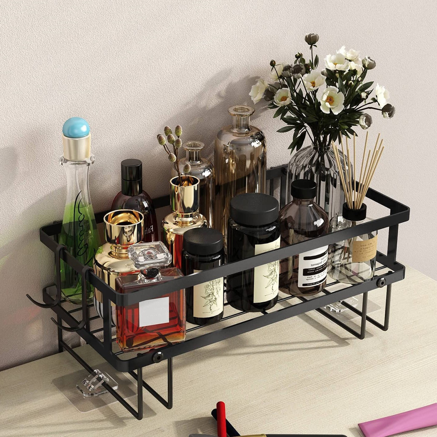 Rebrilliant 1-Tier Bathroom Organizers, Floating Shelves with 2 Hooks ...