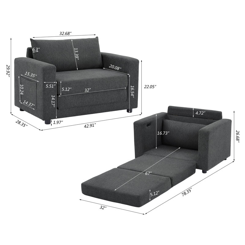 Ebern Designs Beverlye Convertible Sleeper Chair, Accent Chair with USB ...