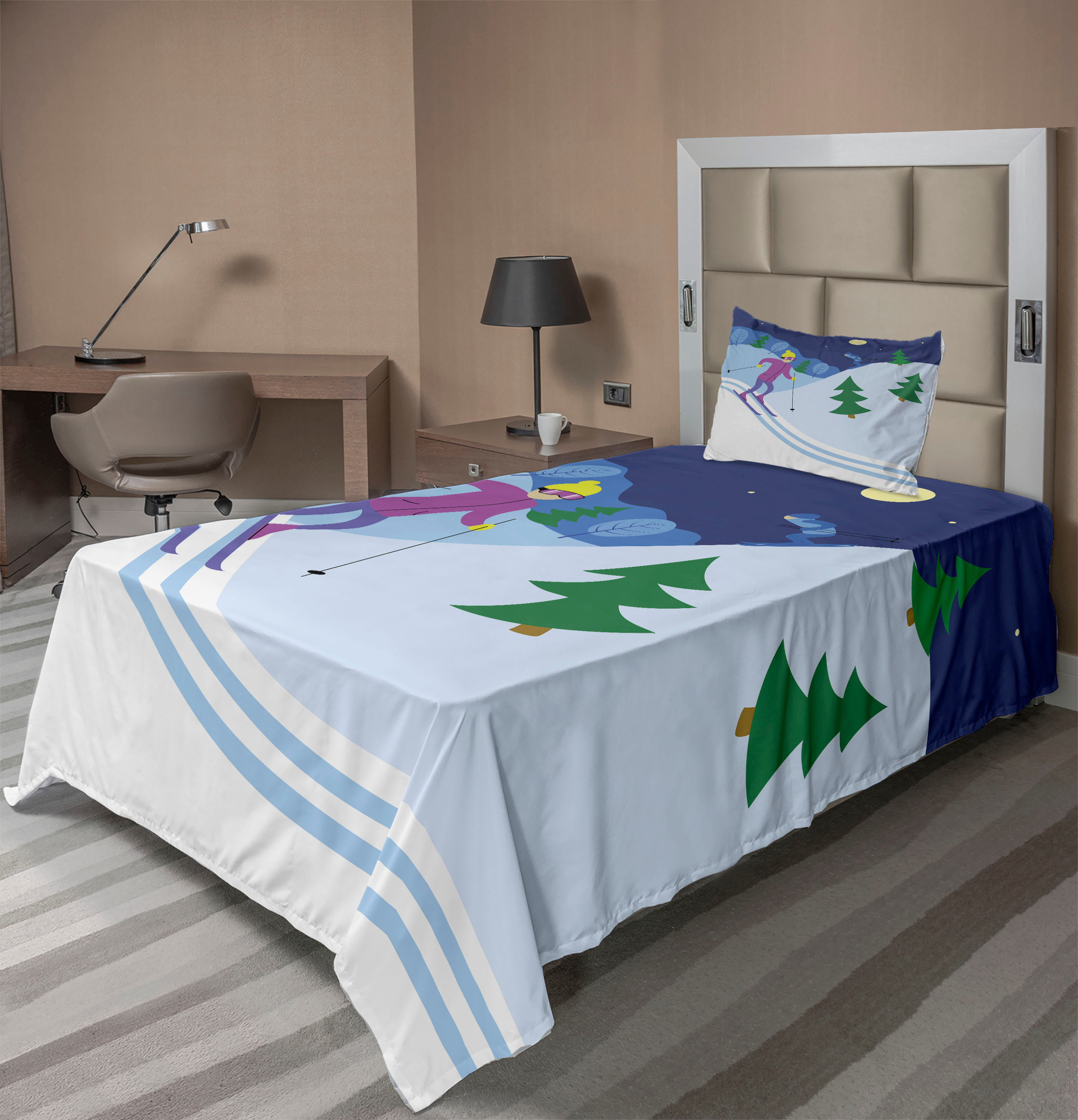 Ambesonne Skiing Sheet Set Winter Sports Cartoon Art Dark Lavender ...