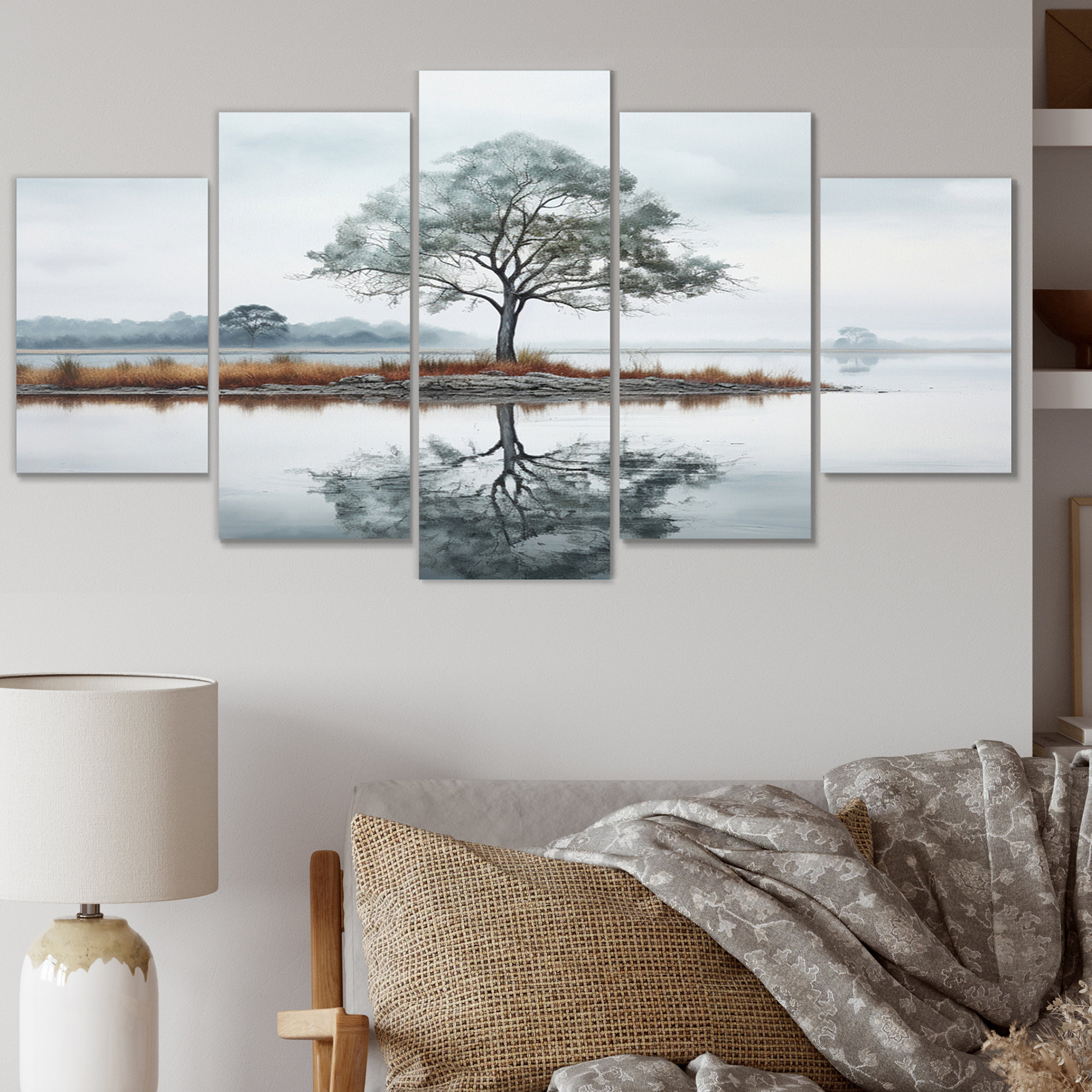 Winston Porter Tree Muted Reflections On Water - Landscape Trees Canvas Wall Art - 5 Panels ...