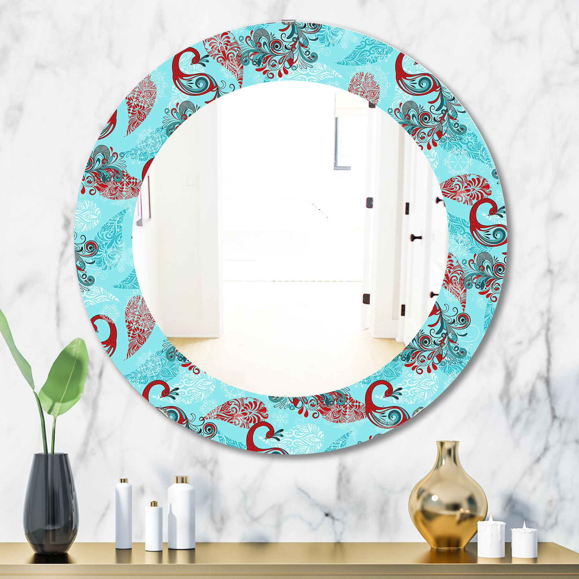 East Urban Home Winter with Peacocks and Snowflakes Modern Wall Mirror ...