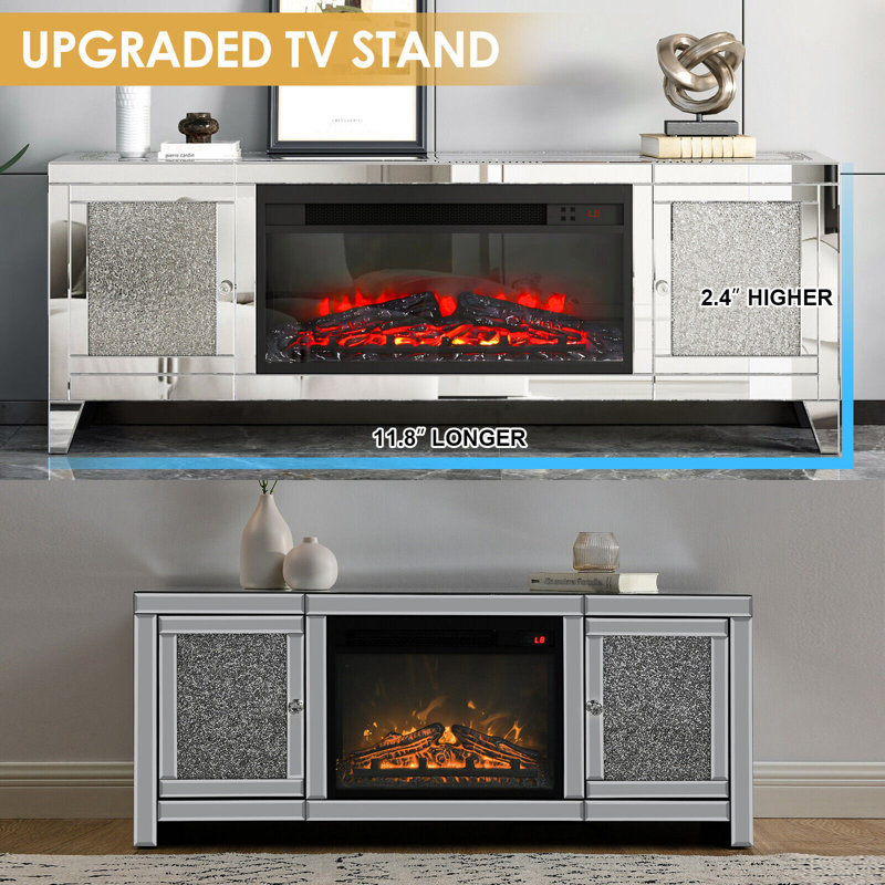 Mercer41 59" Mirrored Sliver Tv Stand With Electric Fireplace For Tvs ...