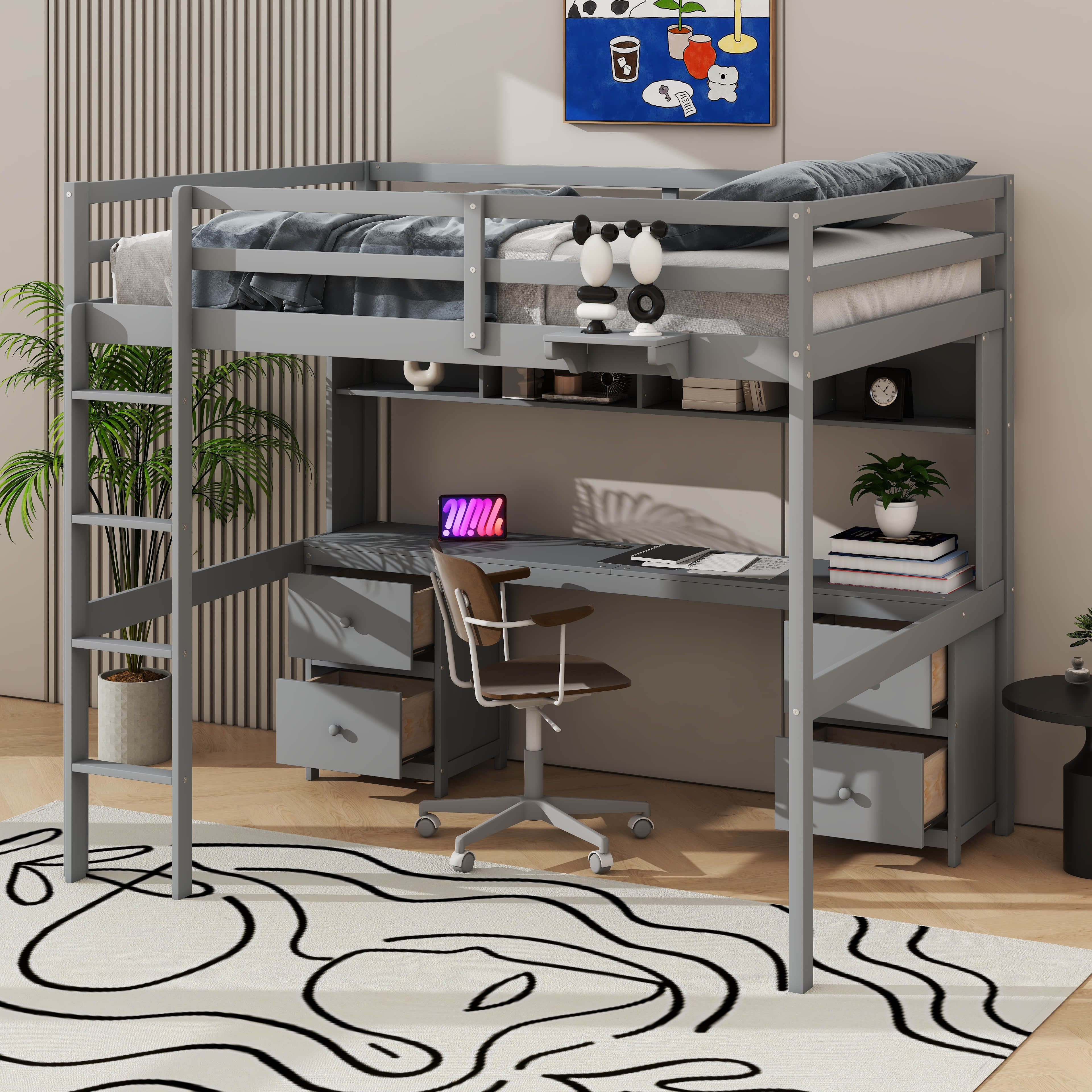 Harriet Bee A Full-Sized Loft Bed With A Desk, Cabinets, Drawers, A ...
