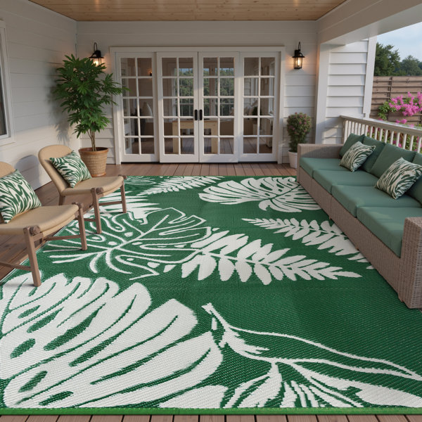 Highland Dunes Ellie Reversible Green Leaf Outdoor Rug | Wayfair