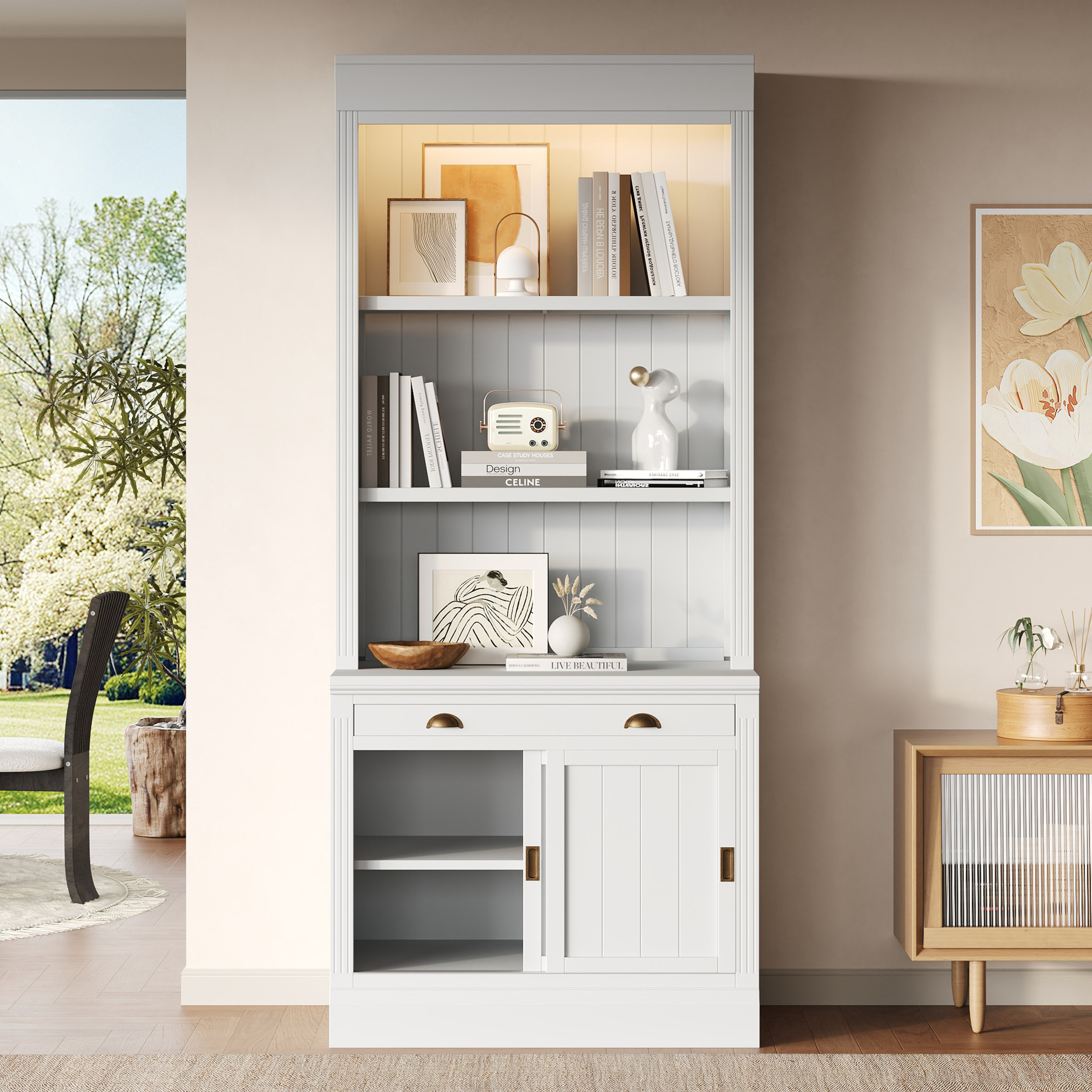 Orren Ellis 83.4"Tall Bookshelf with LED Lighting, Modern Bookcase with ...