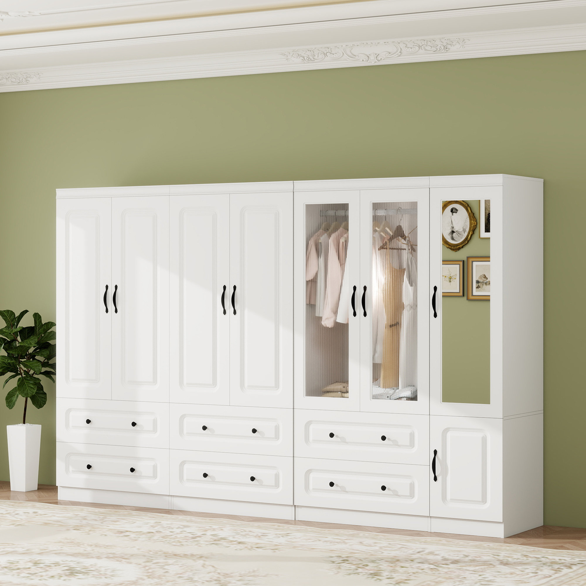Red Barrel Studio® Elegant White Armoire Wardrobe Closet , Black Handles, and Wardrobe Closet ...