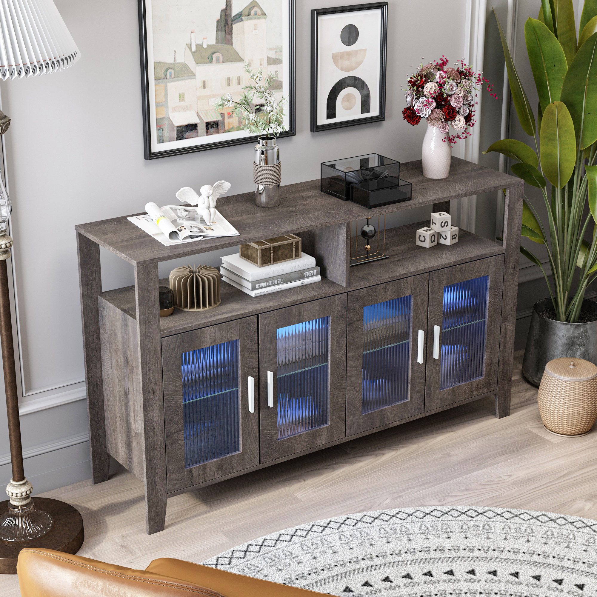 Ebern Designs Modern Grey Buffet Sideboard With Changhong Glass Doors ...