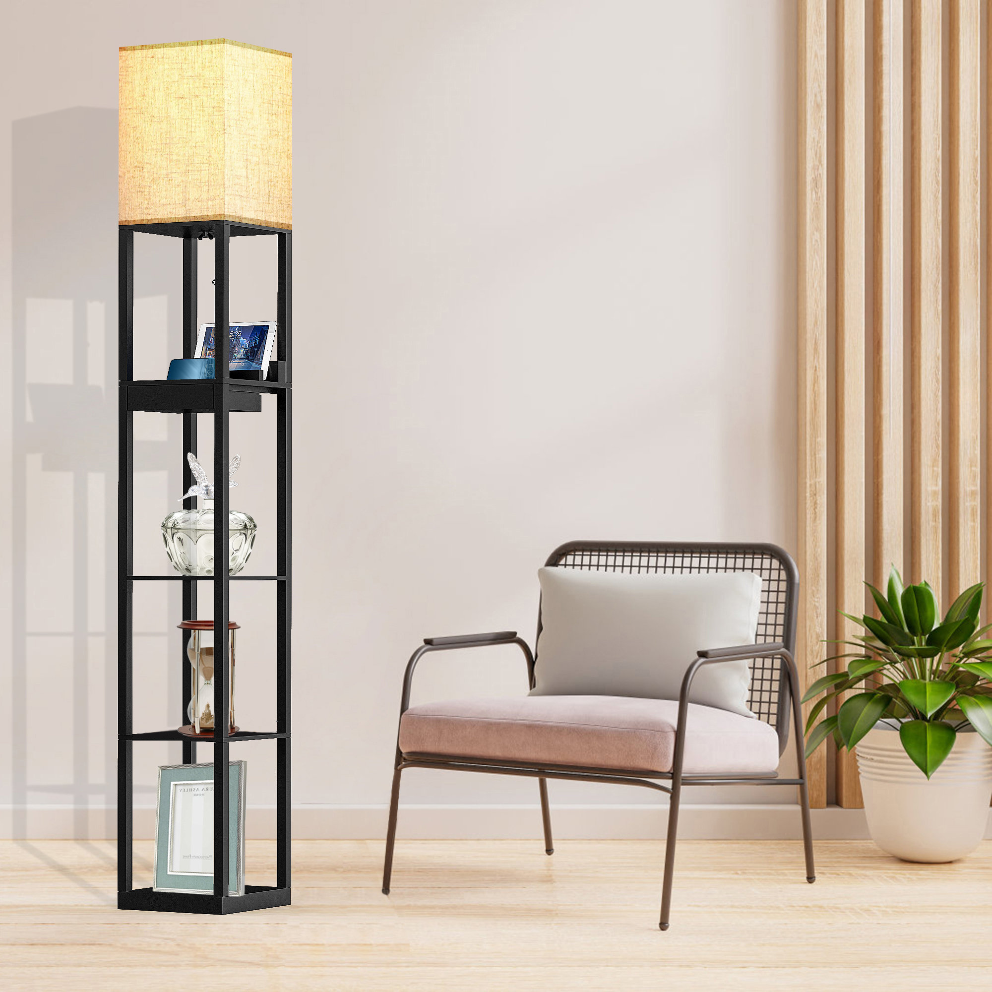 Latitude Run® 67" Column Floor Lamp with Shelves, Solid Wood, USB Ports ...
