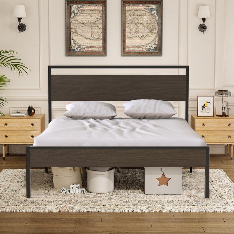 17 Stories Sederick 40'' Metal and Wood Bed Frame, Walnut Headboard and ...