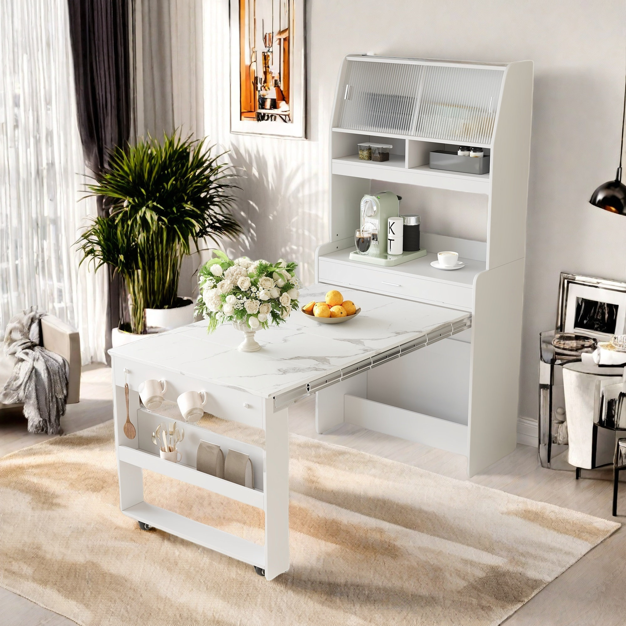 Wrought Studio™ Buffet With Hutch And Foldable Dining Table, Storage ...