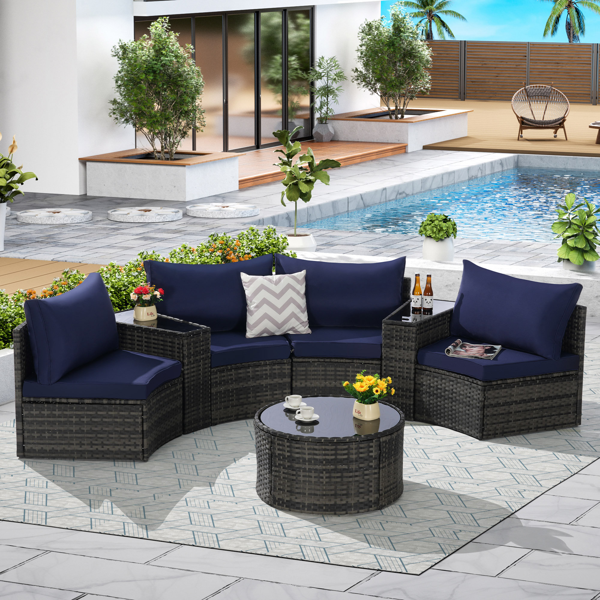 Latitude Run® Outdoor Patio Furniture 7-Piece Half-Moon Sectional Round ...