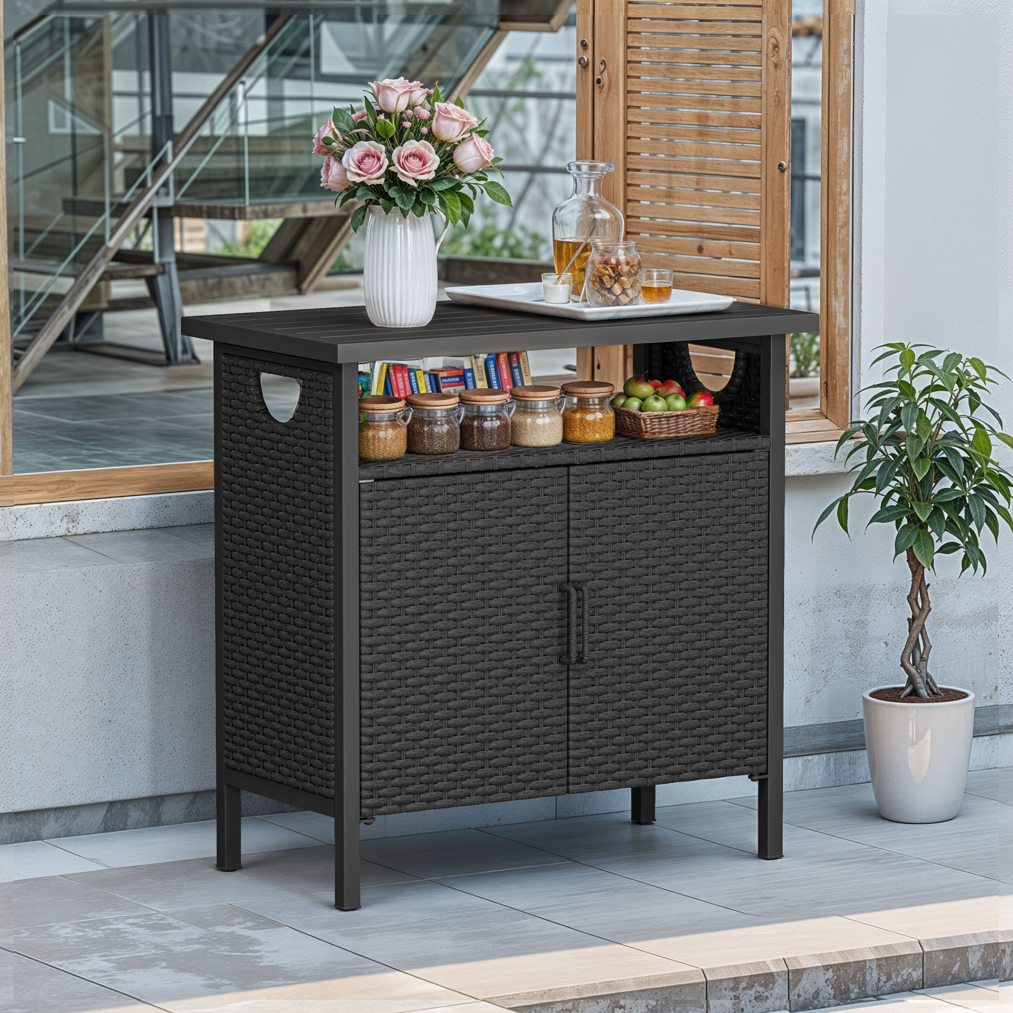 Ebern Designs Outdoor PE Rattan Storage Cabinet – Weather-Resistant ...