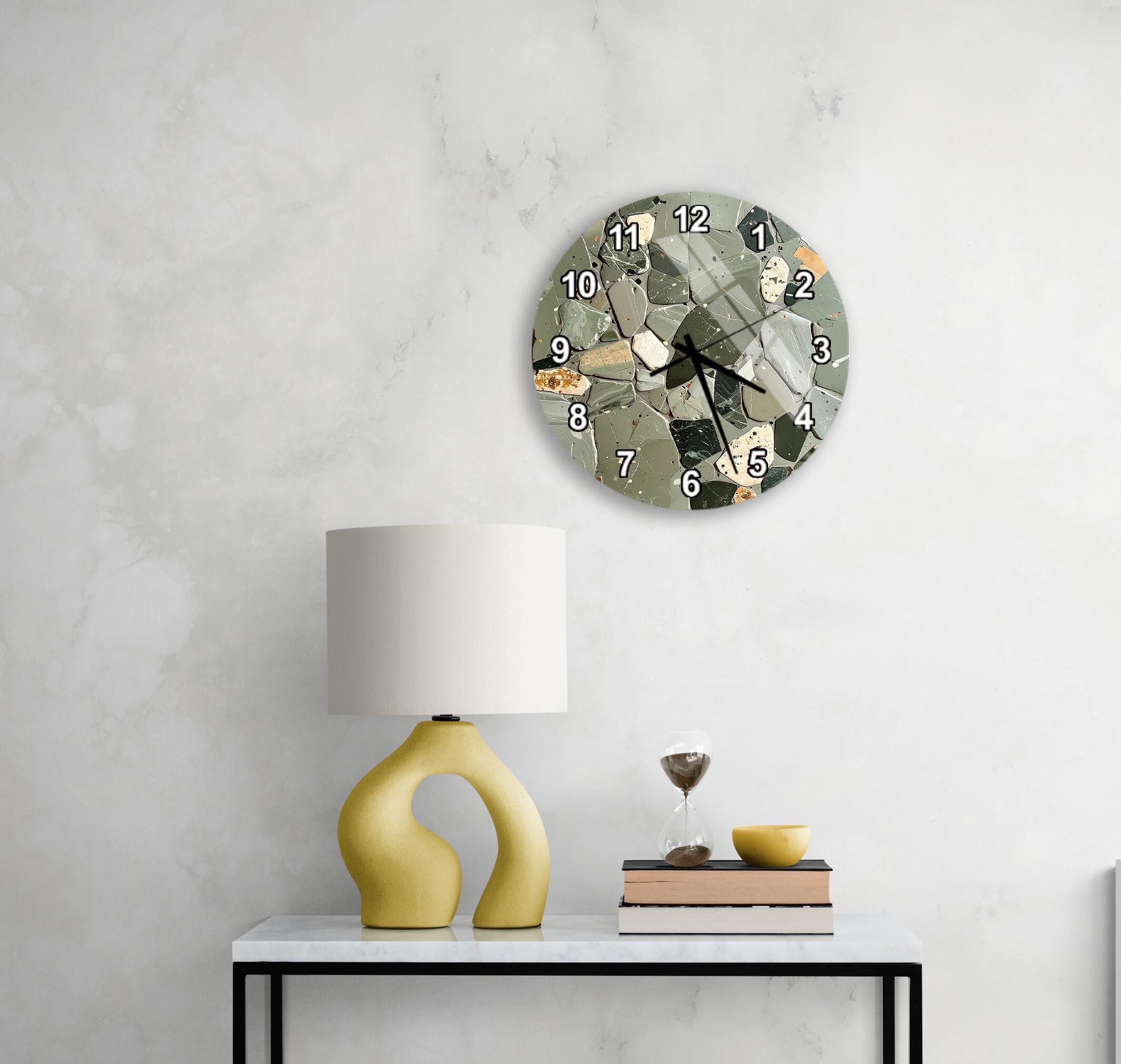 East Urban Home Green Terrazzo Wall Clock, Tempered Glass Art, Modern ...