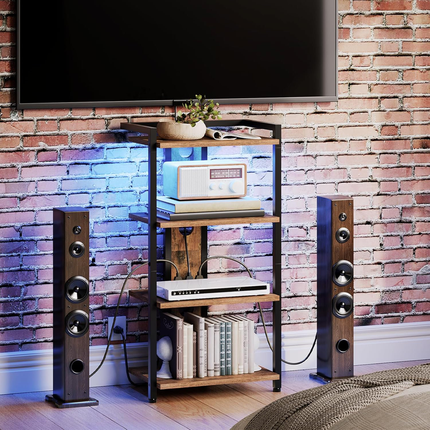 Ivy Bronx 4-Tier AV Media Console With Charging Station And LED Light ...