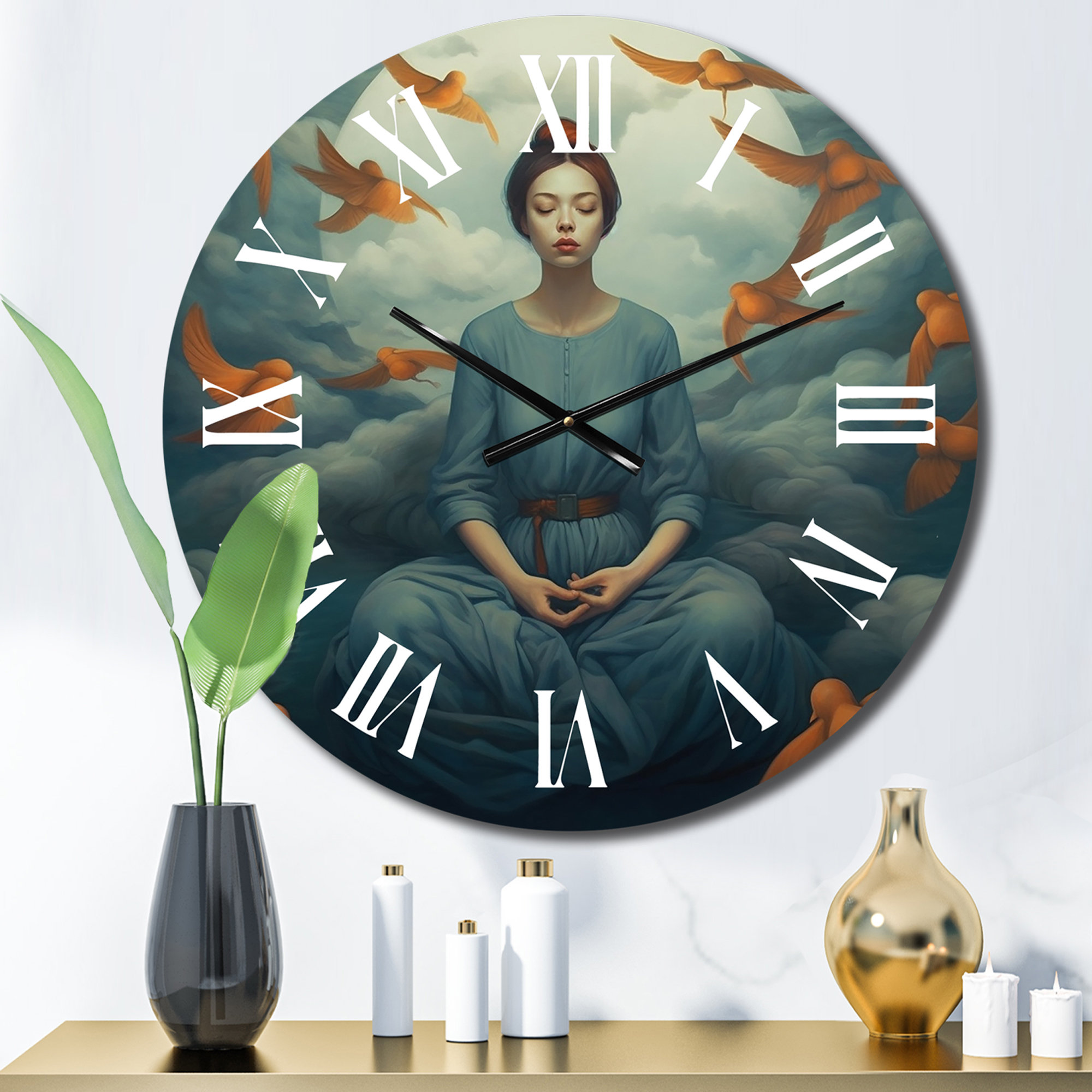 Design Art Mindfulness Gracious Woman Meditation I Metal Wall Clock ...