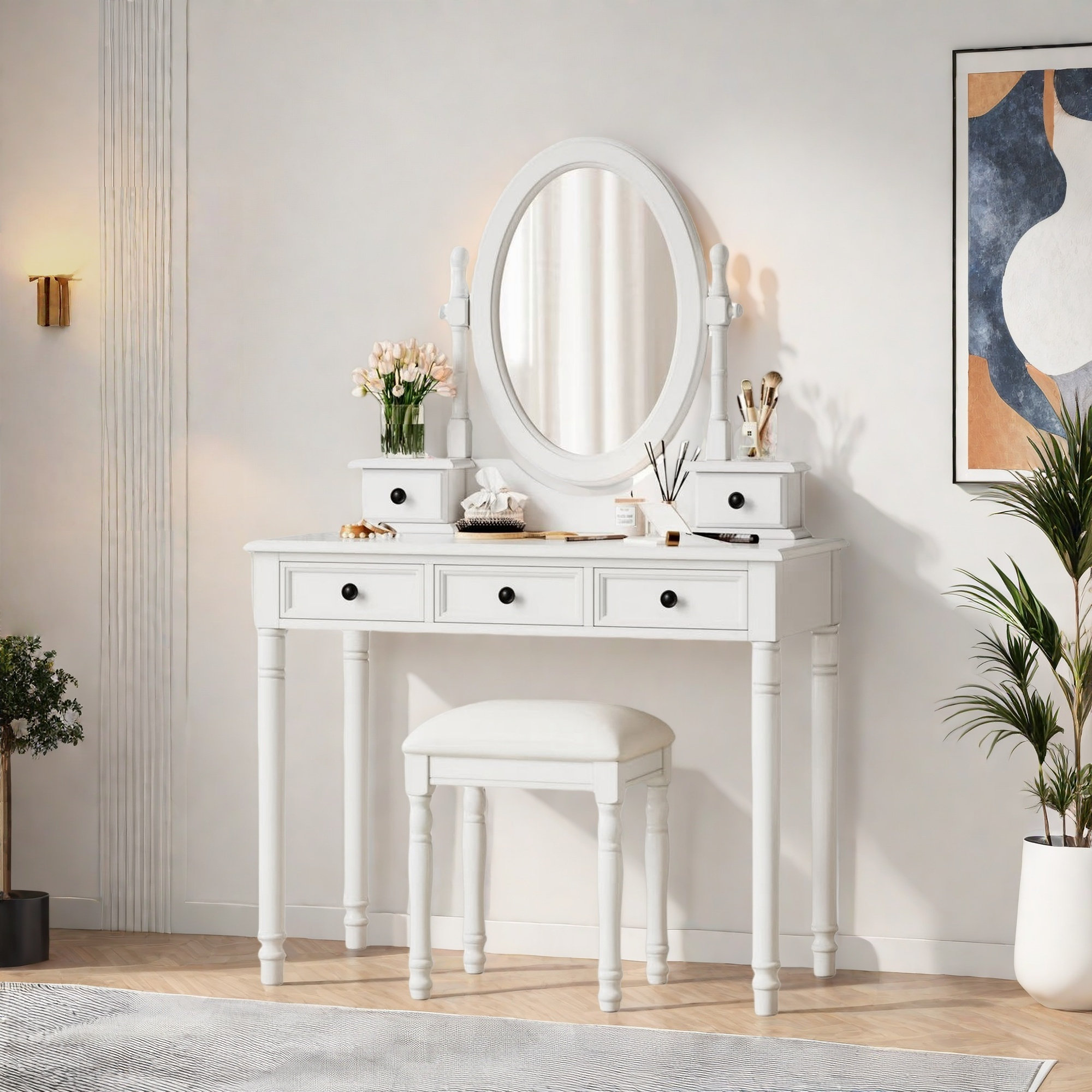 Darby Home Co Vanity Desk With Adjustable Angle Mirror, Cushioned Stool ...