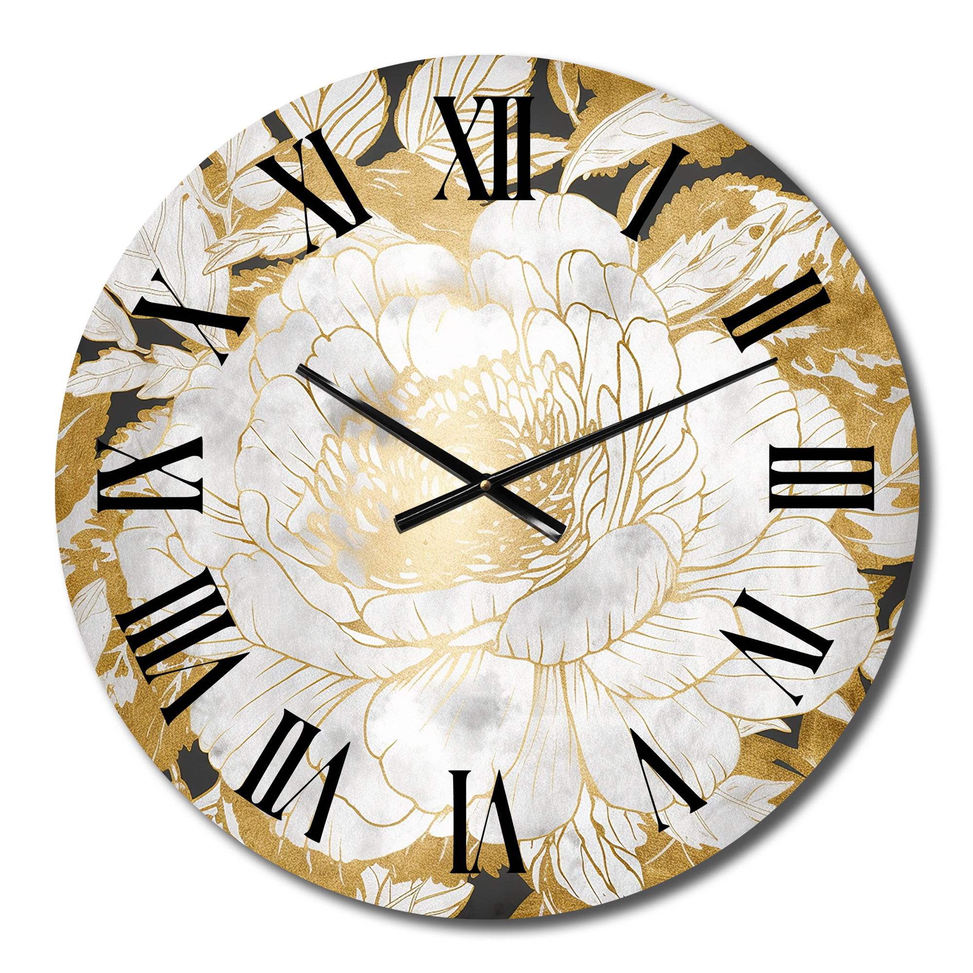 Design Art Exquisite White Rose Blooming Floral Gold Glam II Metal Wall Clock | Wayfair