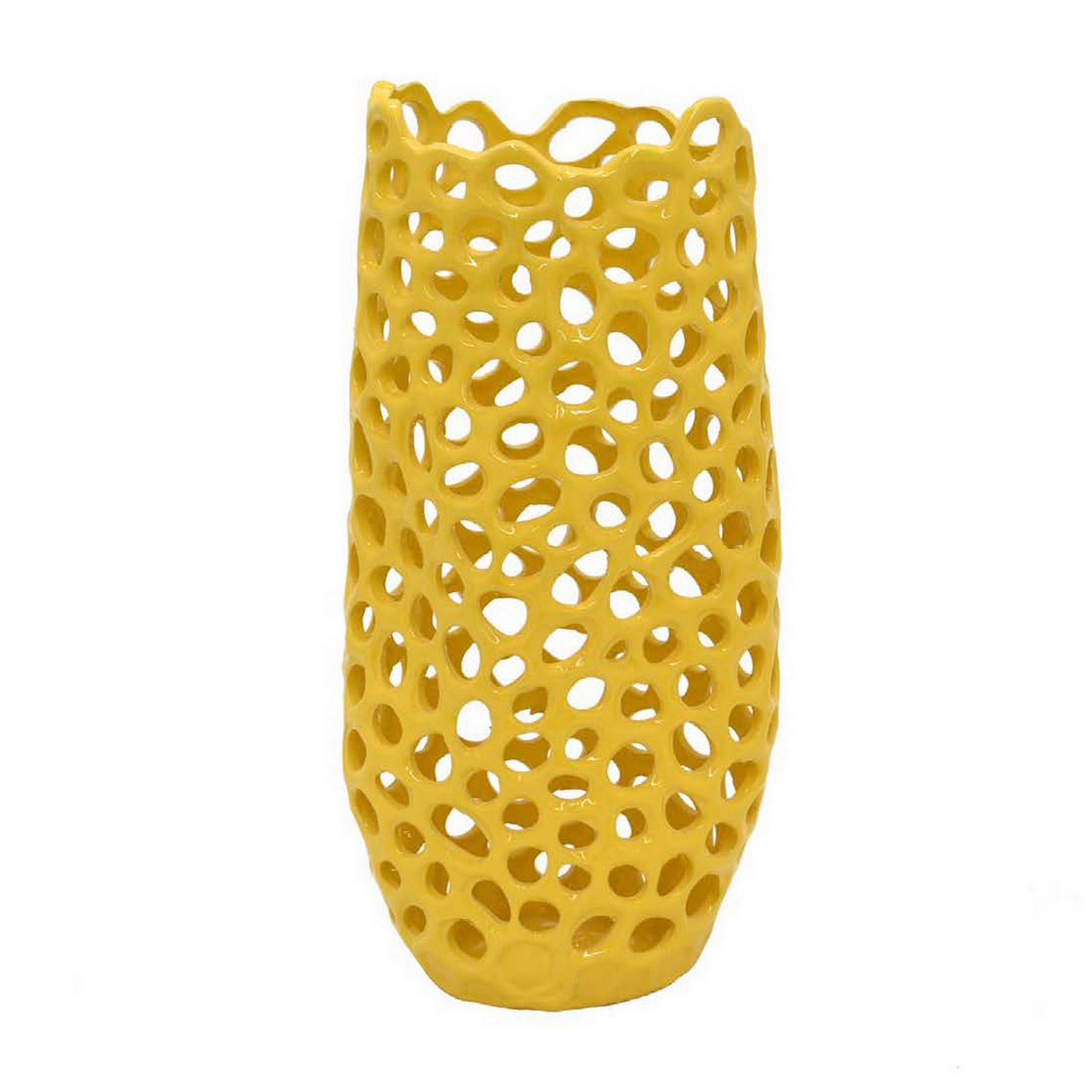 Benjara Kifa Flower Vase, Modern Cutout Textured Look, 15 Inch Yellow ...