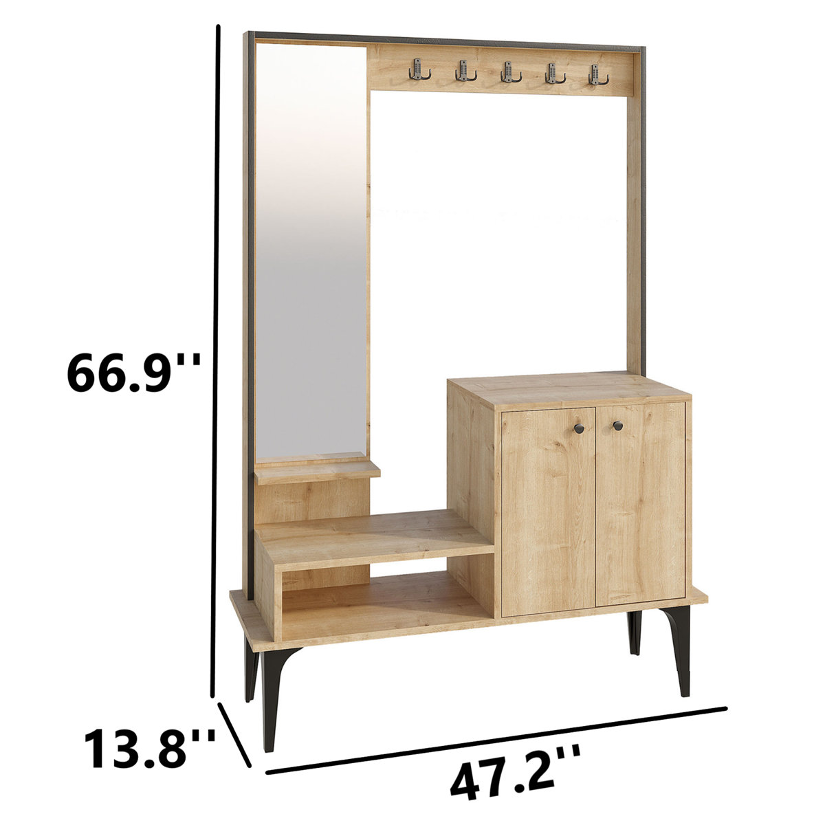 17 Stories Hall Tree With Mirror, Cabinet And 10 Hooks | Wayfair