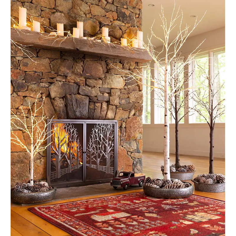 Primrue 84'' Artificial LED Birch Tree in Metal Stand with White Lights ...