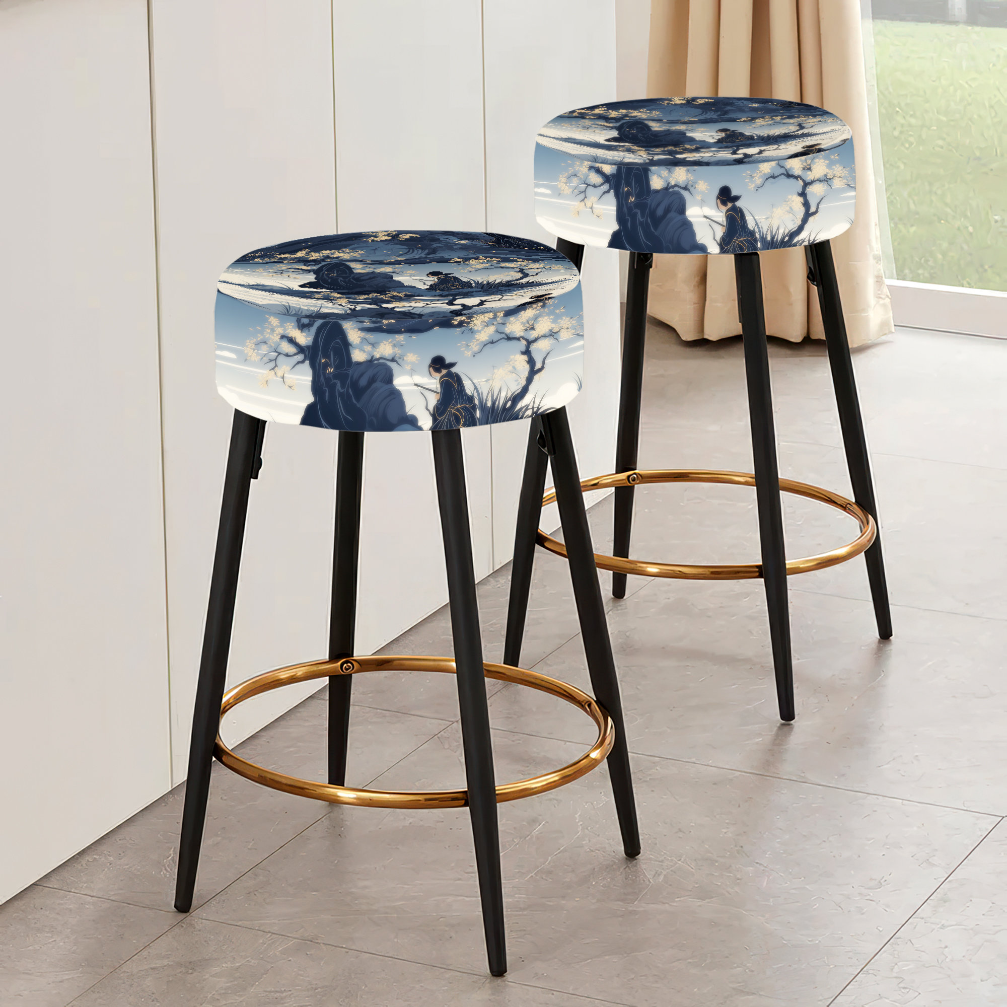 Design Art Japan Blue Samurai Silhouettes - Japanese Bar Stools Set Of ...