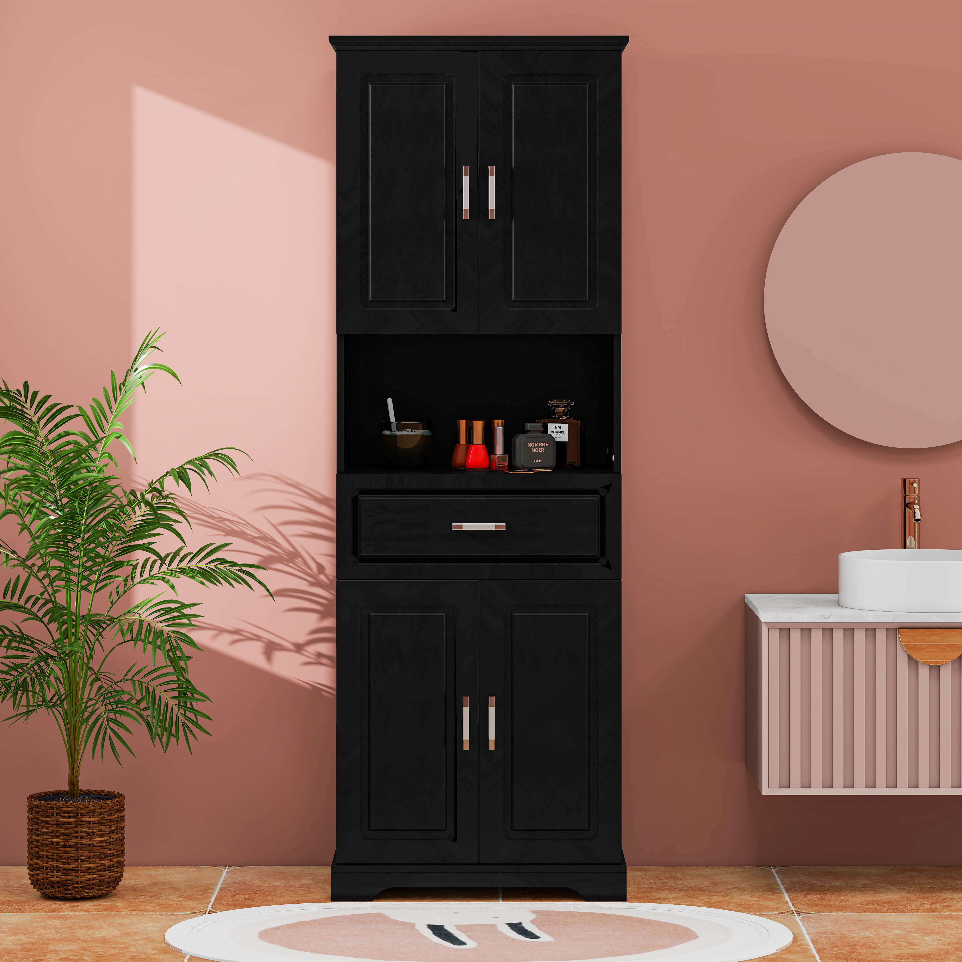 Cosmic Tall Bathroom Cabinet With Four Doors, Large Storage Space Open ...