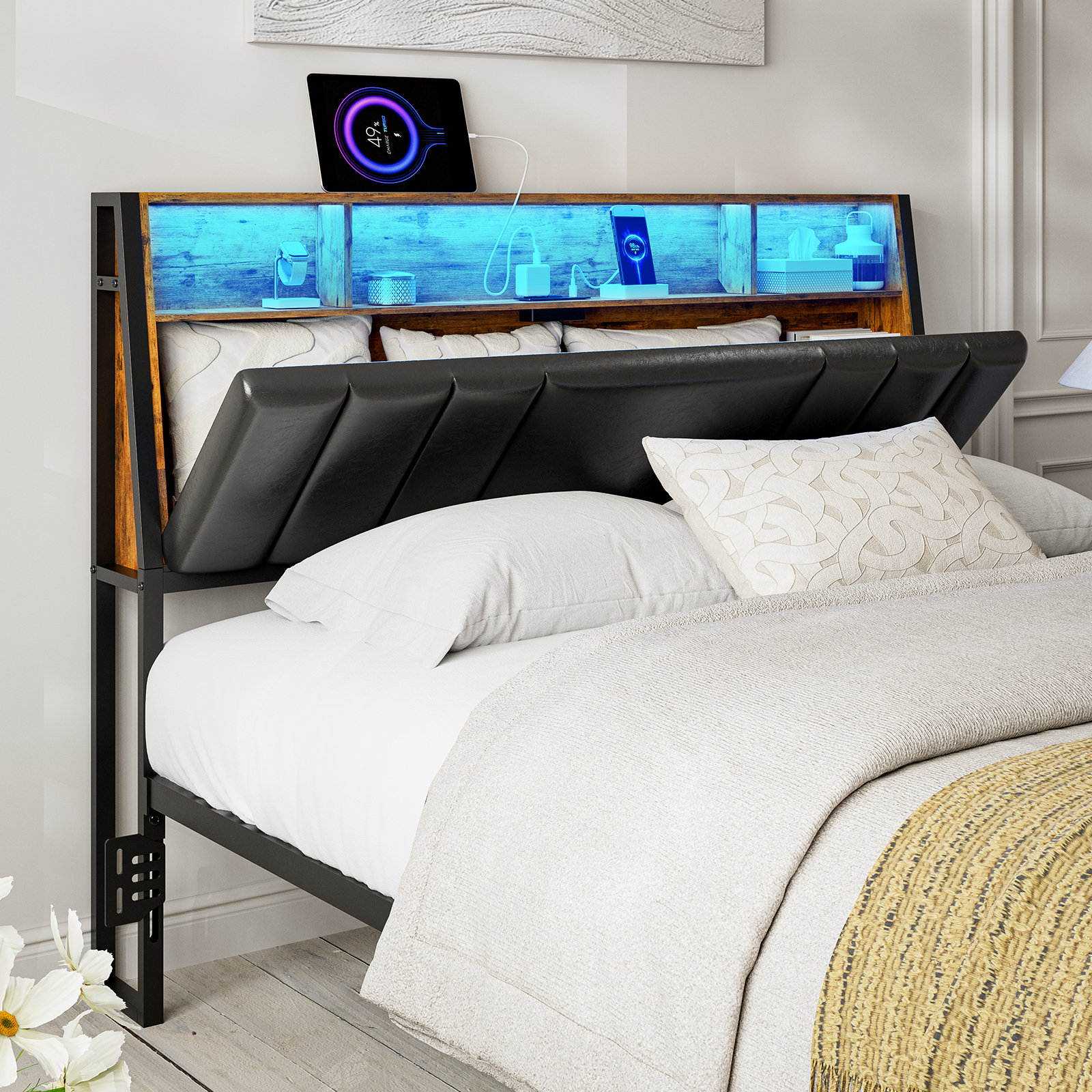 Ivy Bronx Hidden Storage Headboard With Charging Station, Ergonomic ...