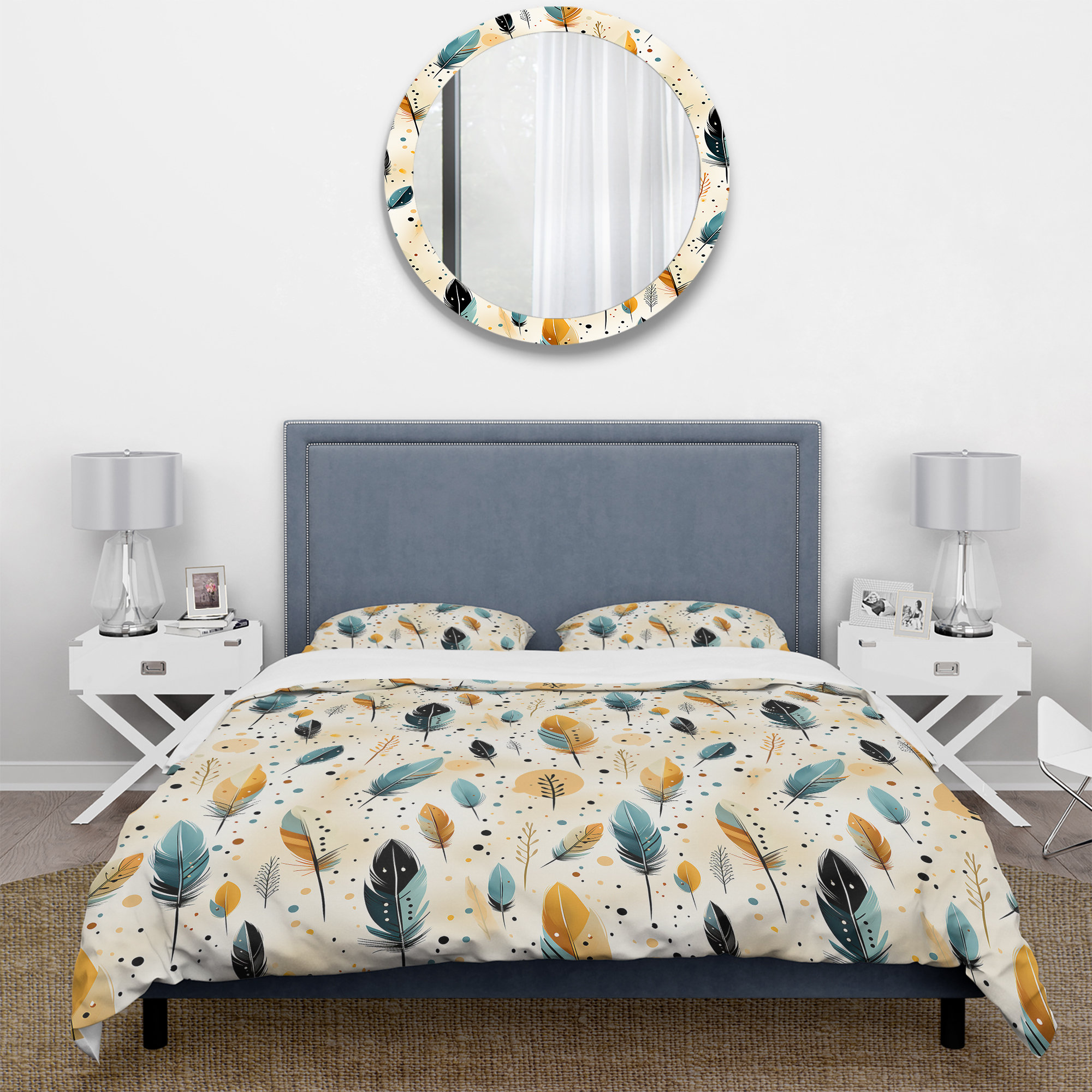Design Art Beige Urban Nomadic Feathers Pattern Dulio Blue/Beige ...