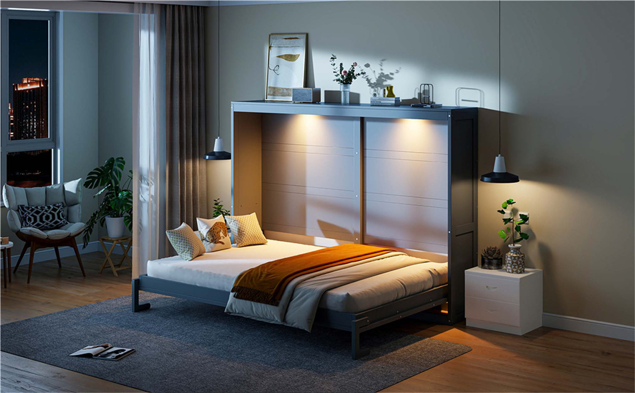 Hokku Designs Modern Murphy Bed with LED Lights and Space-Saving Design for Versatile Rooms ...