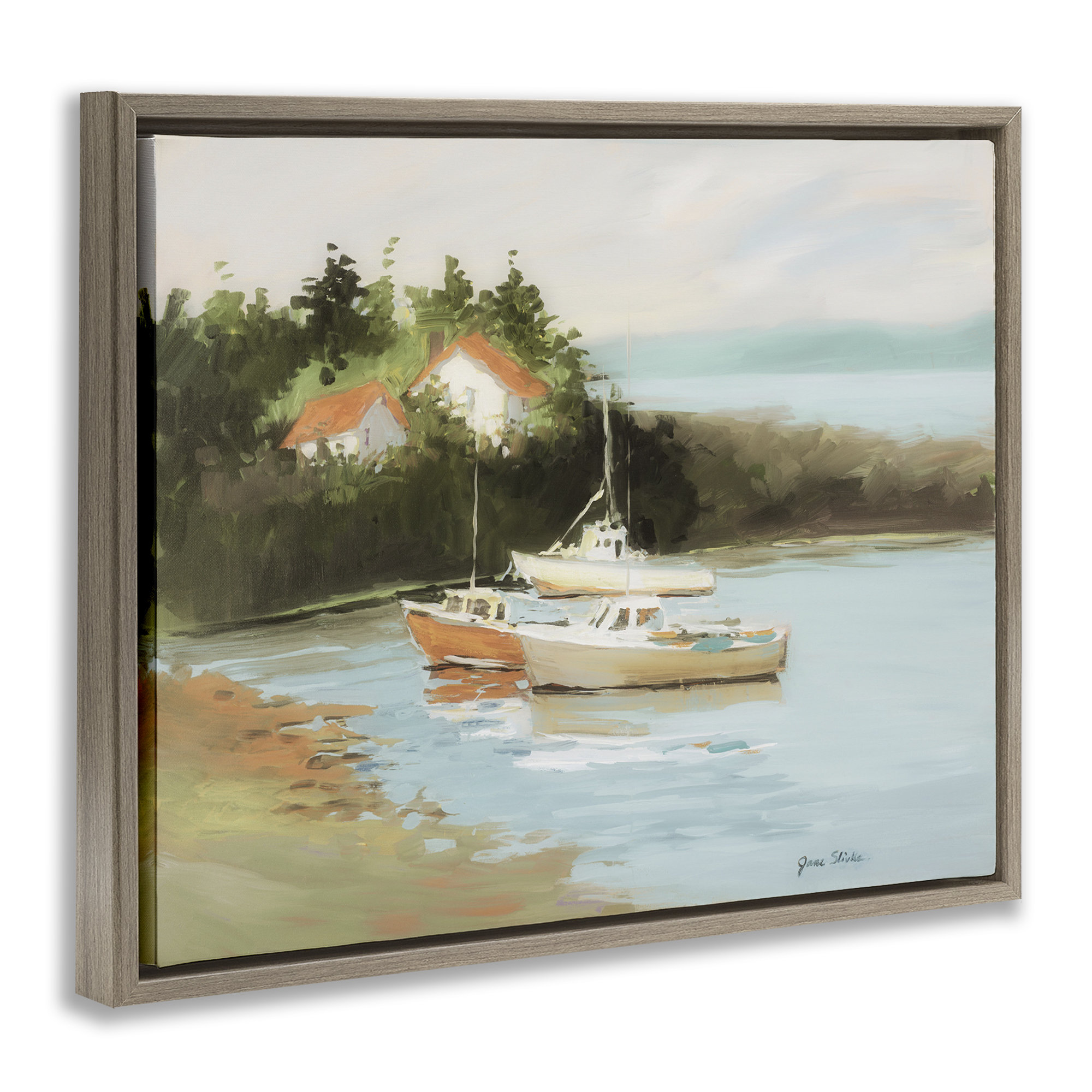 Dovecove Calm Boat Harbor Framed Floater Canvas Wall Art by Jane Slivka ...