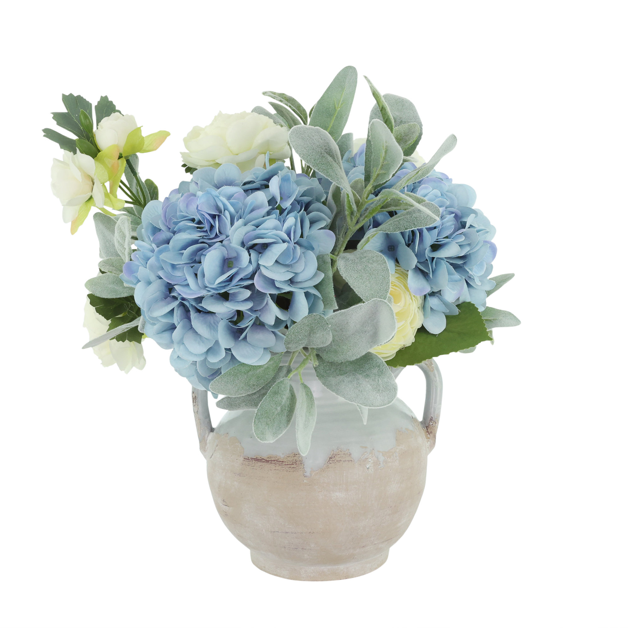 Red Barrel Studio® Hydrangeas and Ranunculus in Glazed Ceramic Pot ...