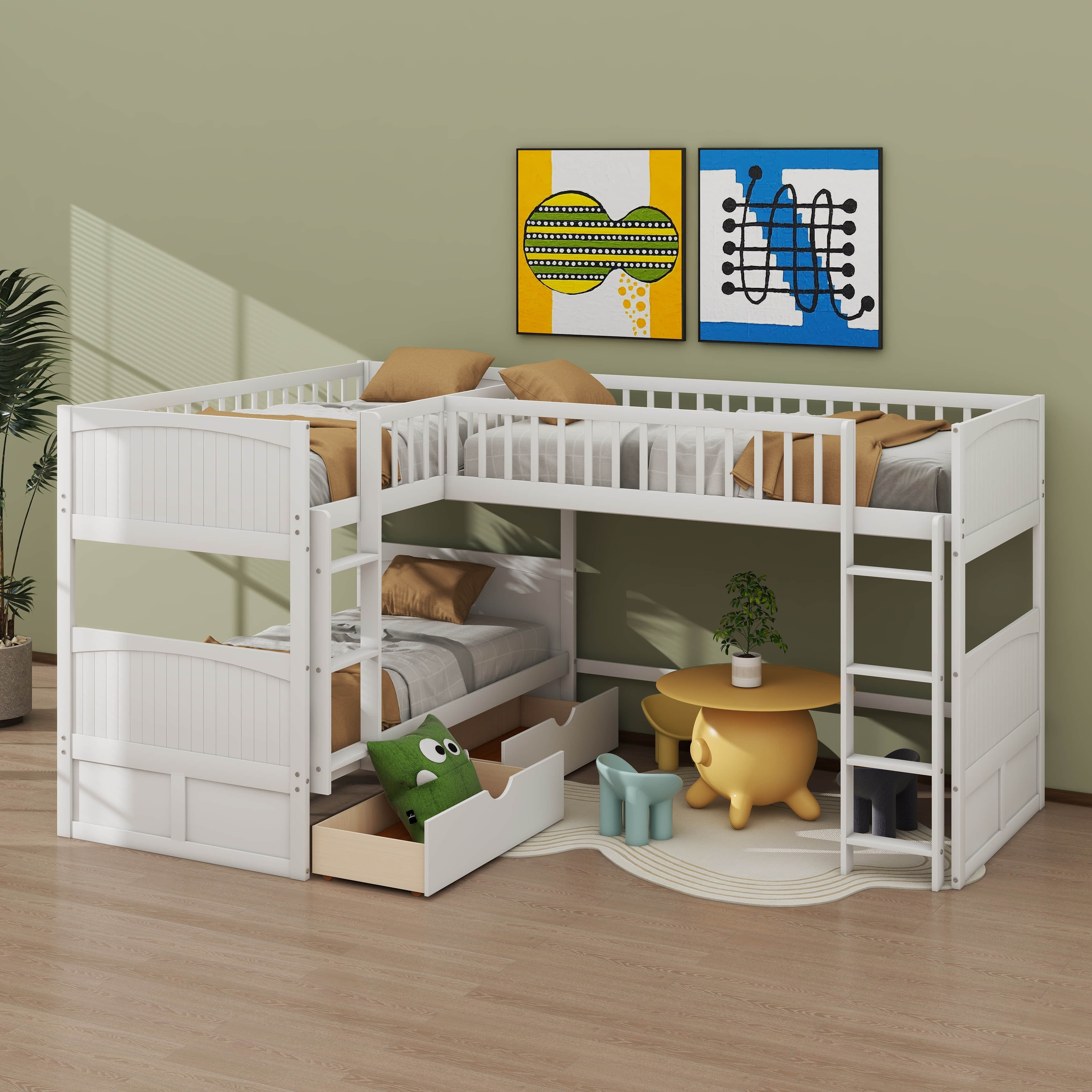 Alcott Hill® L-Shaped Triple Bunk Beds, Twin Size Buck Bed With A Loft ...