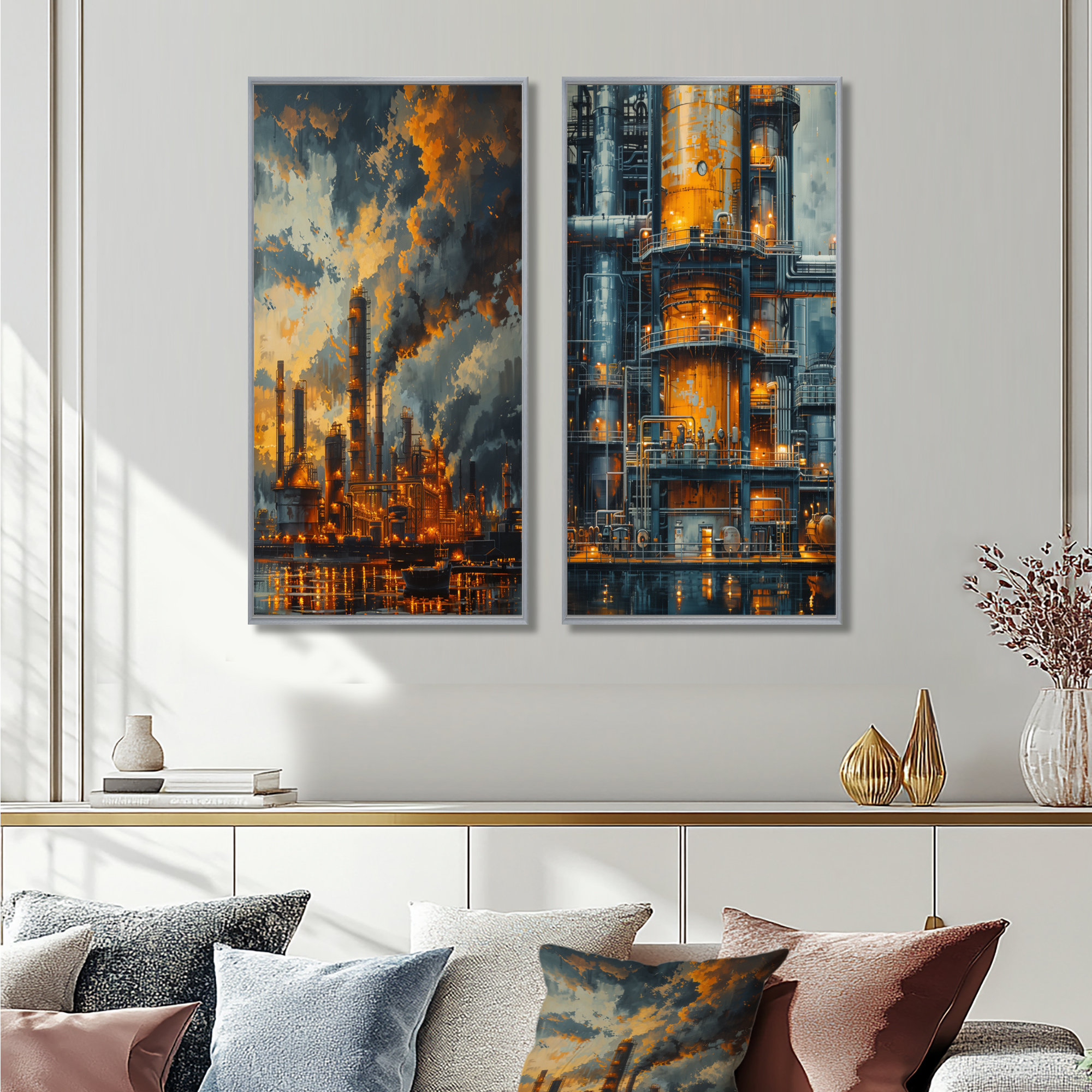 Design Art Petroleum Oil Refinery At Night I - Factories Wall Art 2 ...