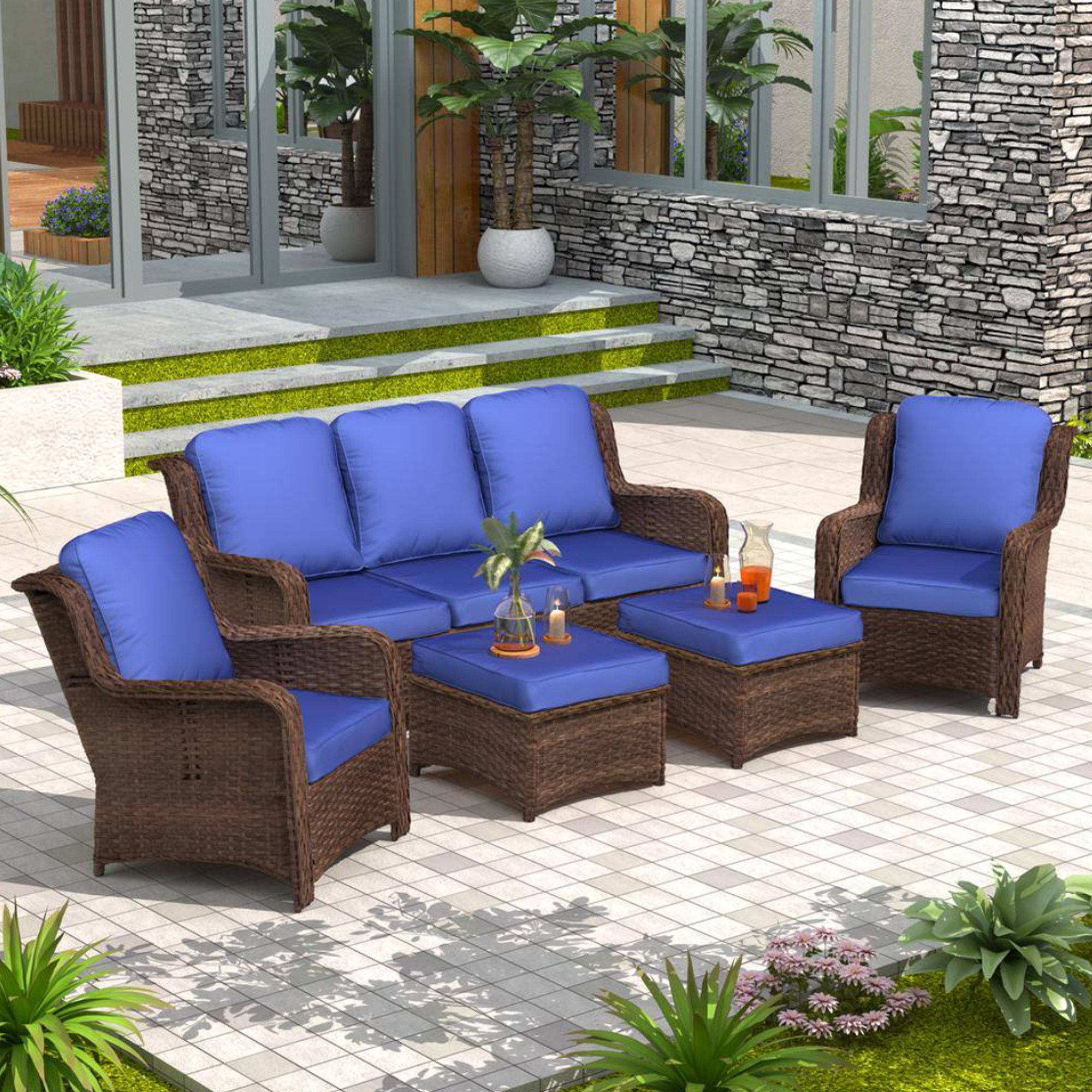 Lark Manor™ 5 Piece Rattan Sofa Seating Group With Thick Cushions | Wayfair