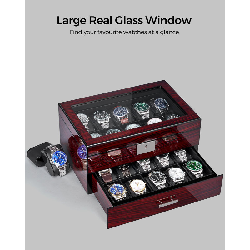 Latitude Run® 20 Slot Luxurious Watch Box with Large Glass Lid Lockable ...