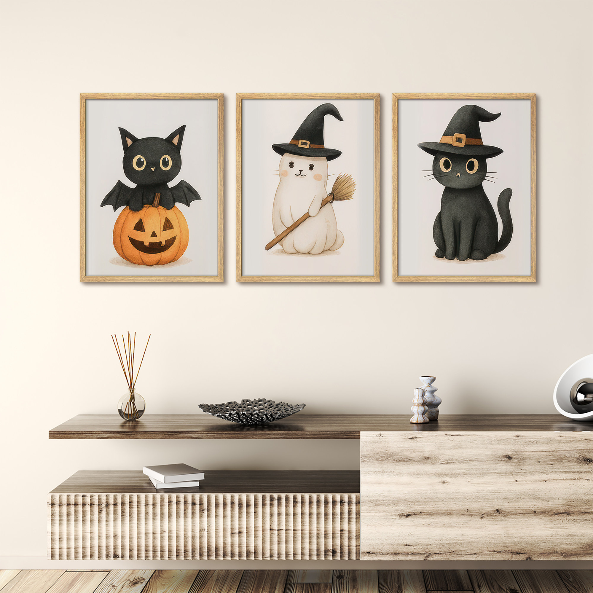 SIGNLEADER Cute Halloween Cats Framed Print Wall Art Set - 3-Piece ...