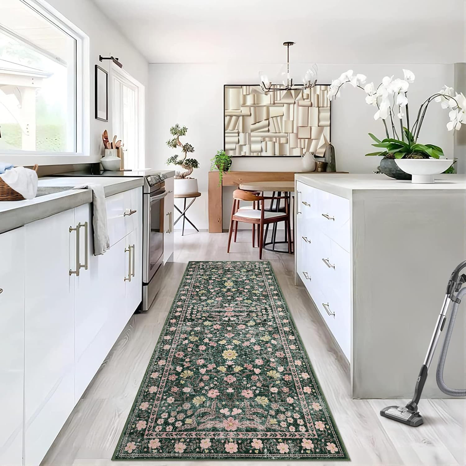 Winston Porter Floral Low Pile Runner Rug – Machine Washable, Non-Slip ...