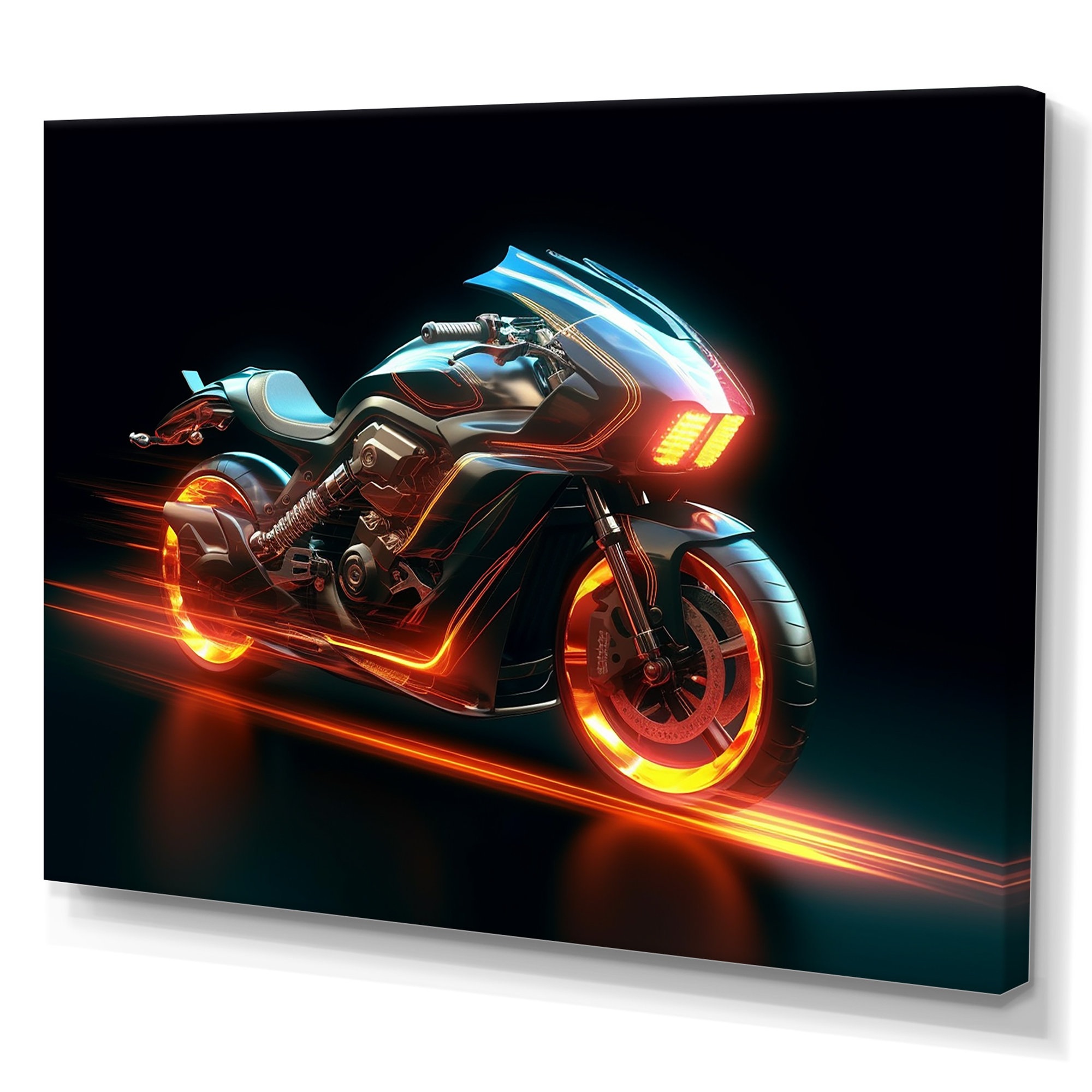 Design Art Neon Light Strips Around Silver Motorcycle I On Canvas Print ...