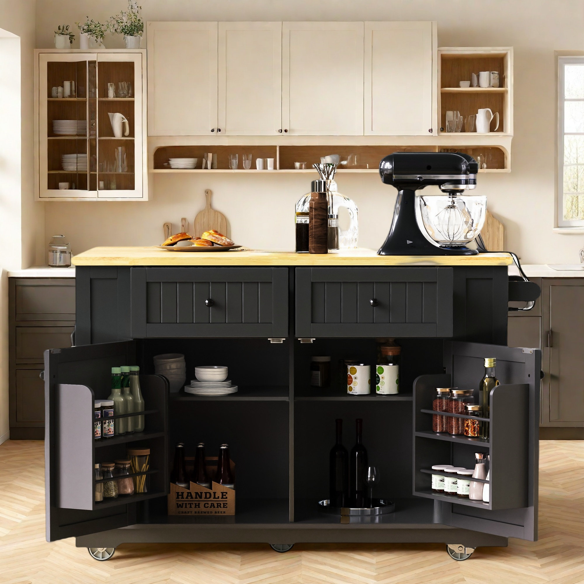 Lark Manor™ Large Rolling Kitchen Island With Drop Leaf, Power Outlet ...