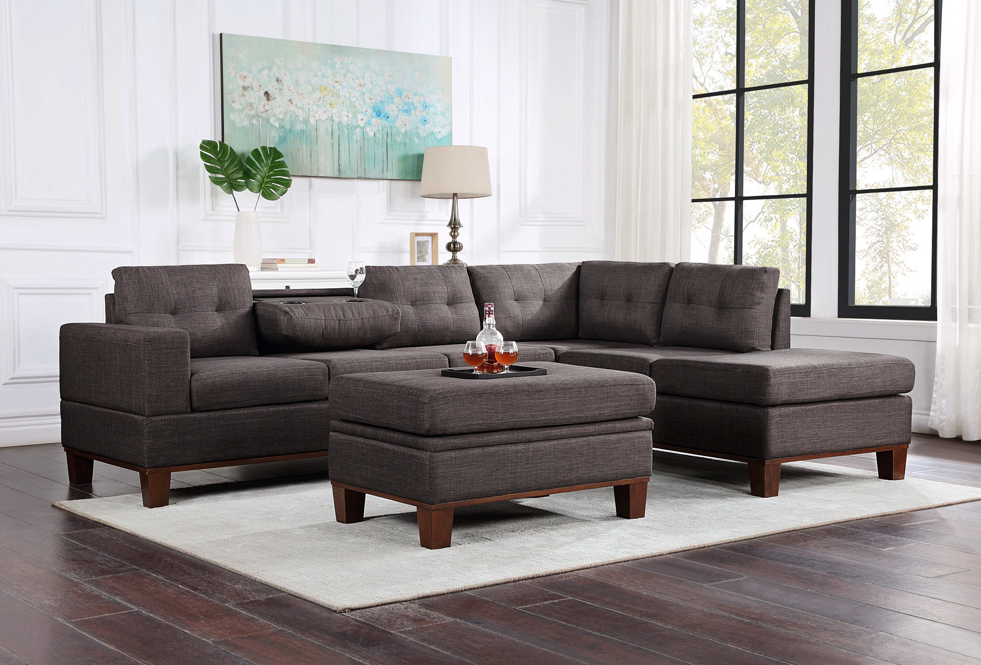 Angel Queen Reversible Sectional Sofa With Dropdown Armrest, Cupholder ...