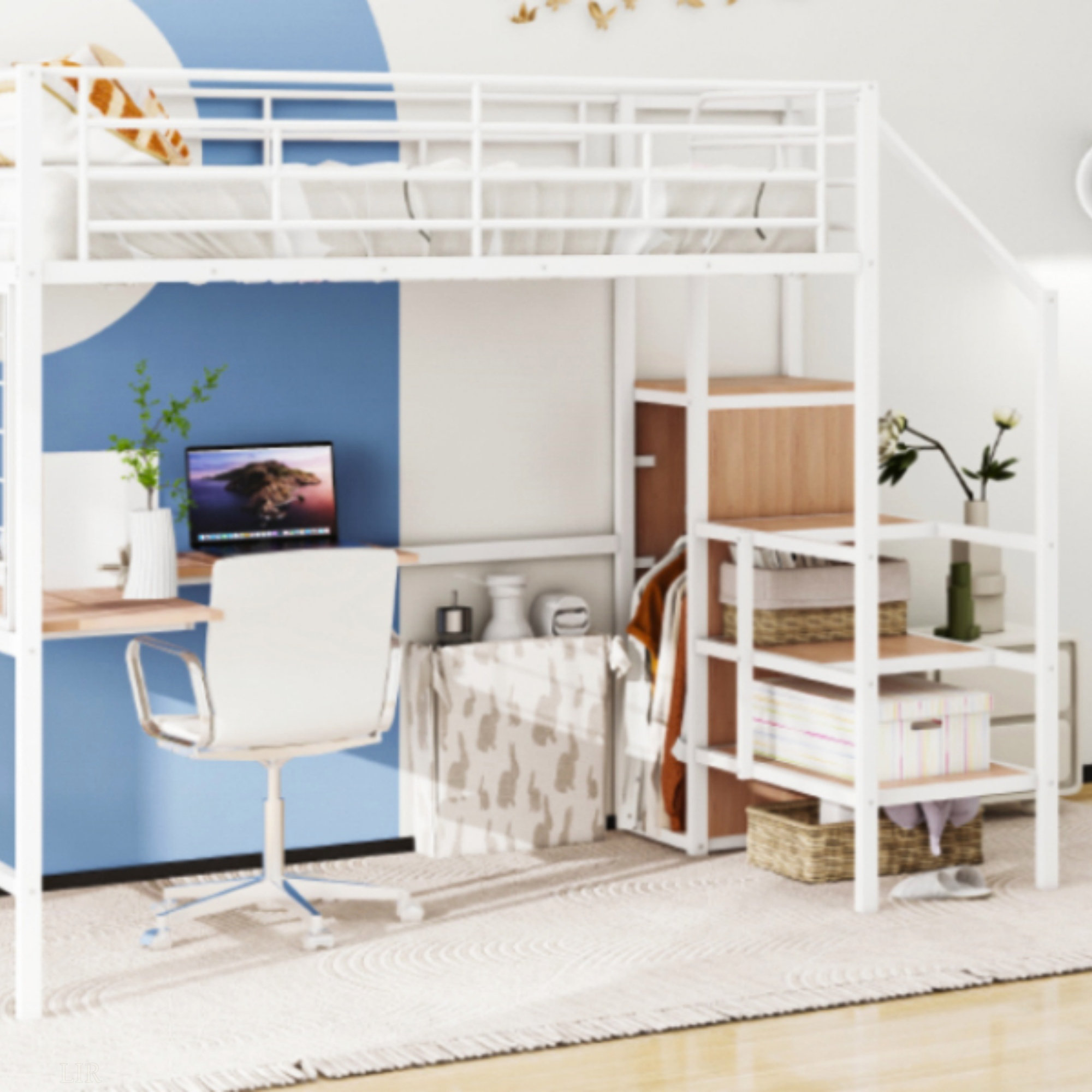 Mason & Marbles Lit mezzanine double en métal avec bureau et grille en métal, lit élégant en ...