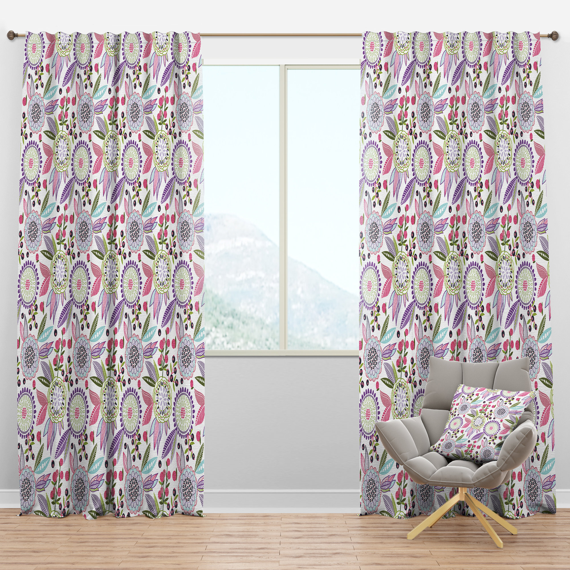 Design Art Colorful Floral Pattern - Nature Modern Semi-Sheer Single ...