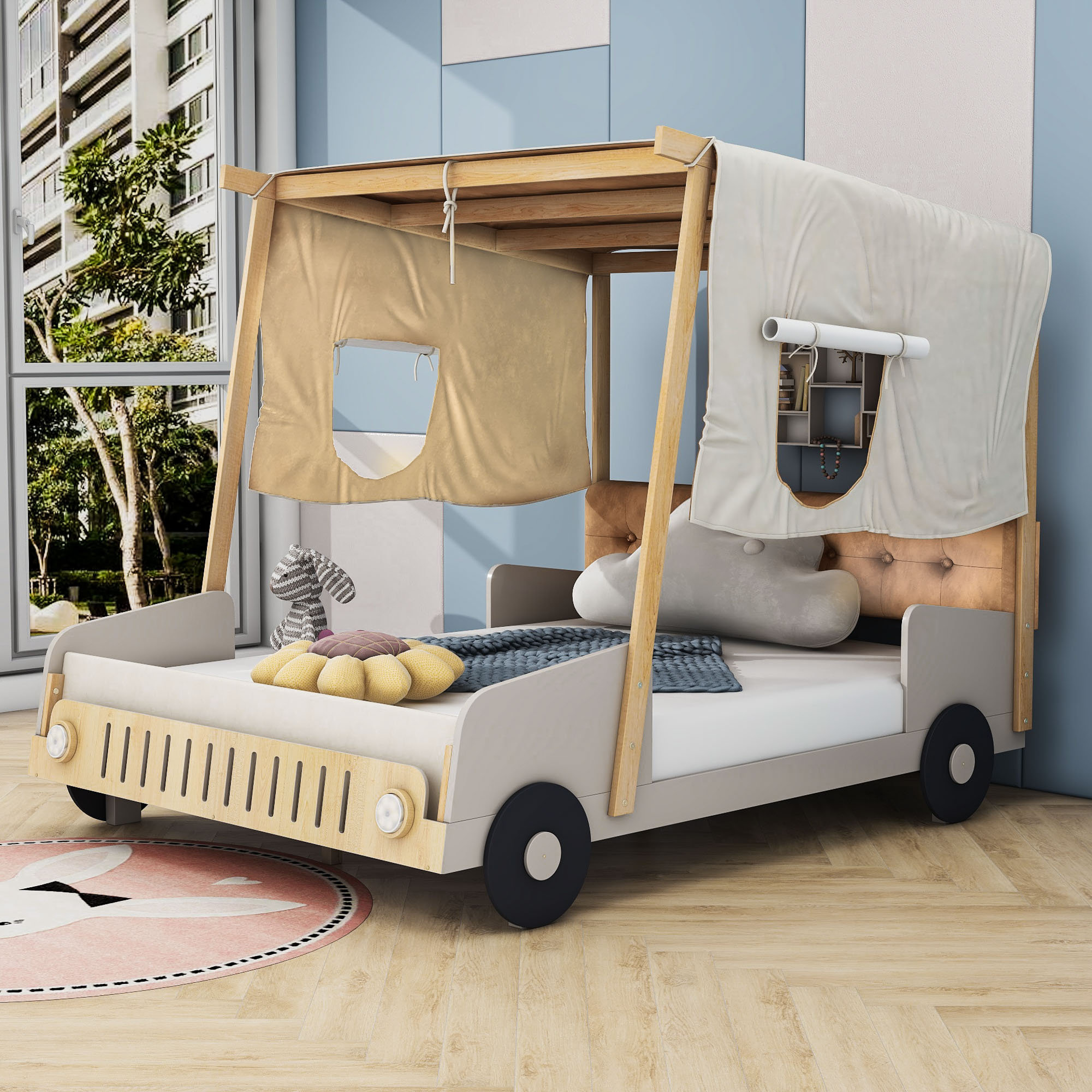 Harriet Bee Wooden Car-Shaped Platform Bed with LED and Pillows ...