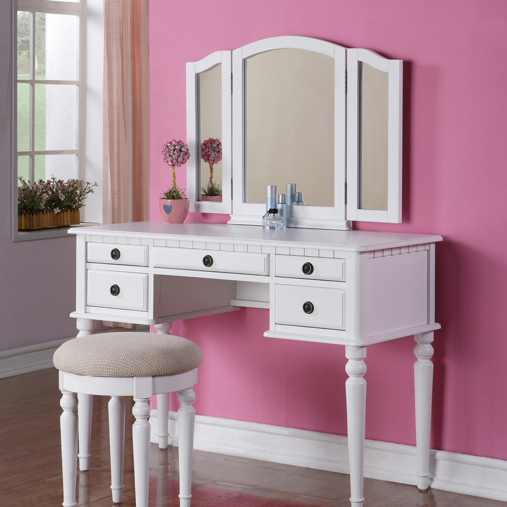 Rosdorf Park Bedroom Contemporary Vanity Set W Foldable Mirror Stool ...