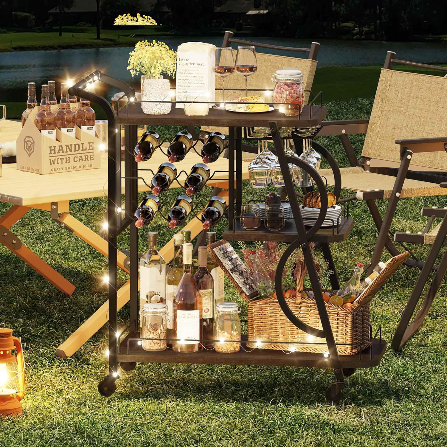 Hokku Designs Home Serving Cart With Wine Glass Holder, Wood Metal ...